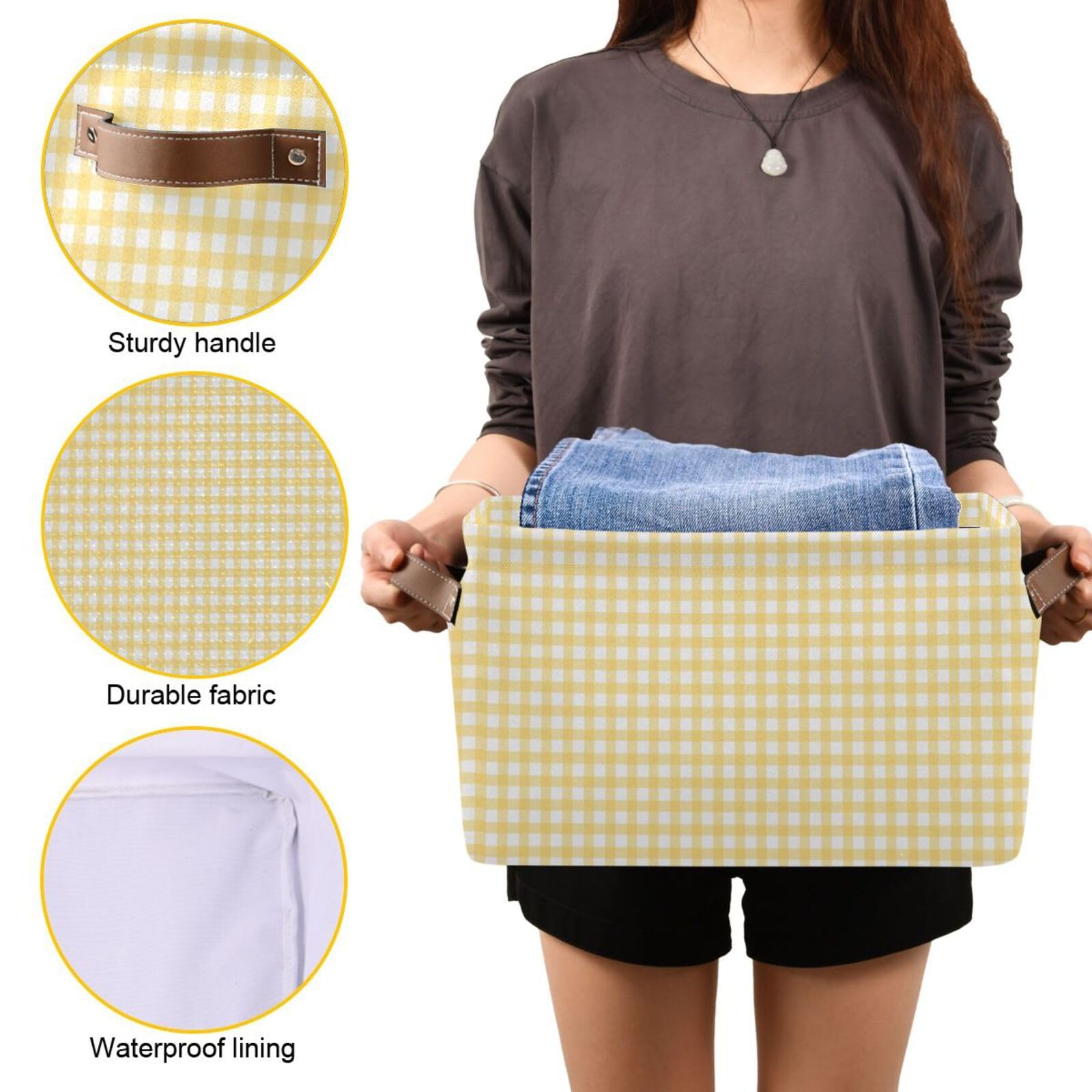 Storage Bin 2PCS Yellow Gingham Fabric Storage Baskets for Organizing Closet Shelf Nursery Toy Clothes Organizer with Handles