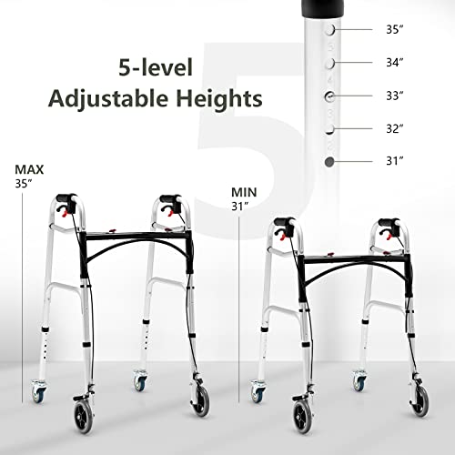 Goplus Walkers for Seniors, 4-in-1 Folding Walker with 5ββ Wheels, Detachable Seat, Height Adjustable Stand Up Walker, Medical Walking Mobility Aid, 350lbs Rolling Walker for Adult Bariatric Handicap