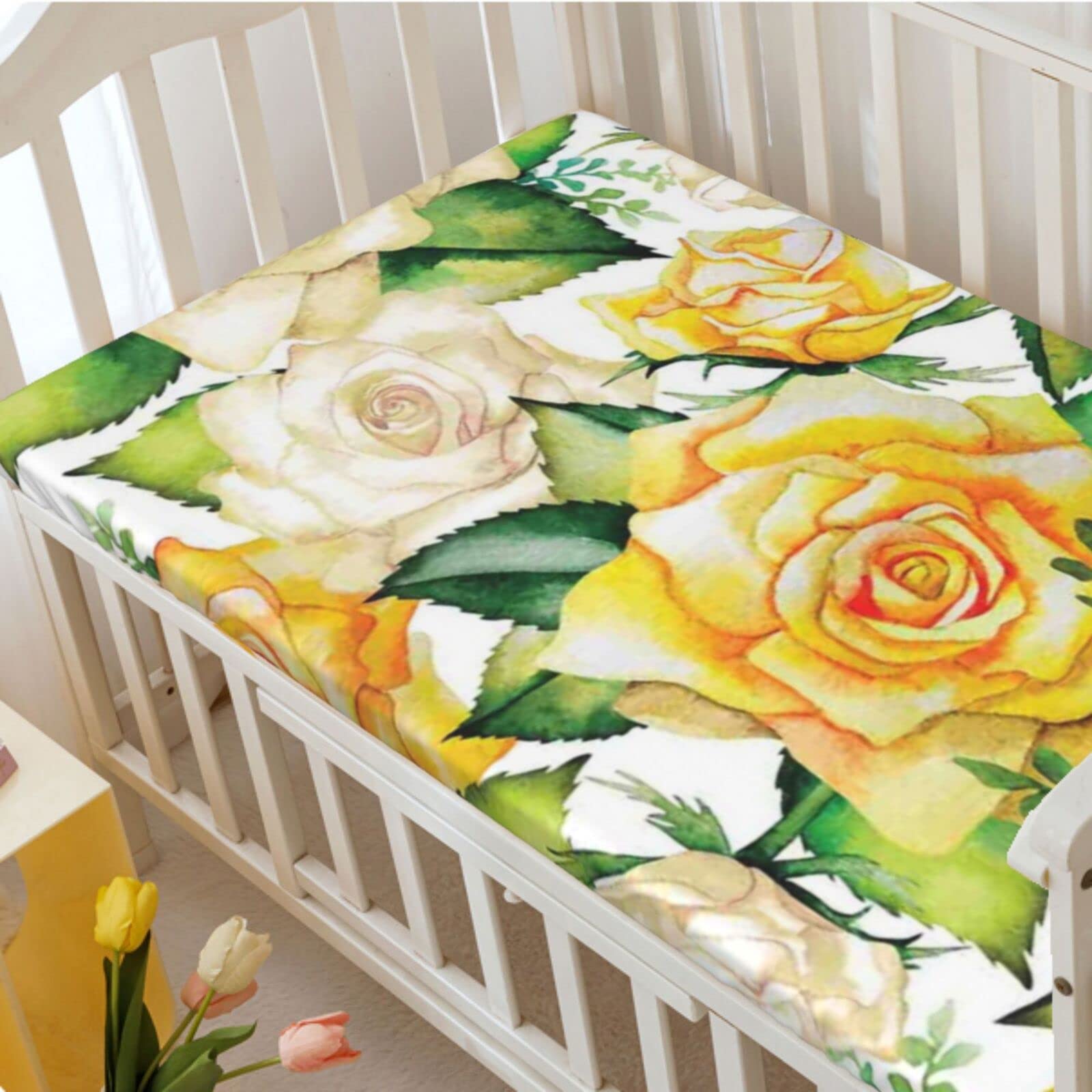 Rose Themed Fitted Mini Crib Sheets,Portable Mini Crib Sheets Soft and Breathable Bed Sheets-Crib Mattress Sheet or Toddler Bed Sheet,24β x38β,Yellow Beige Green