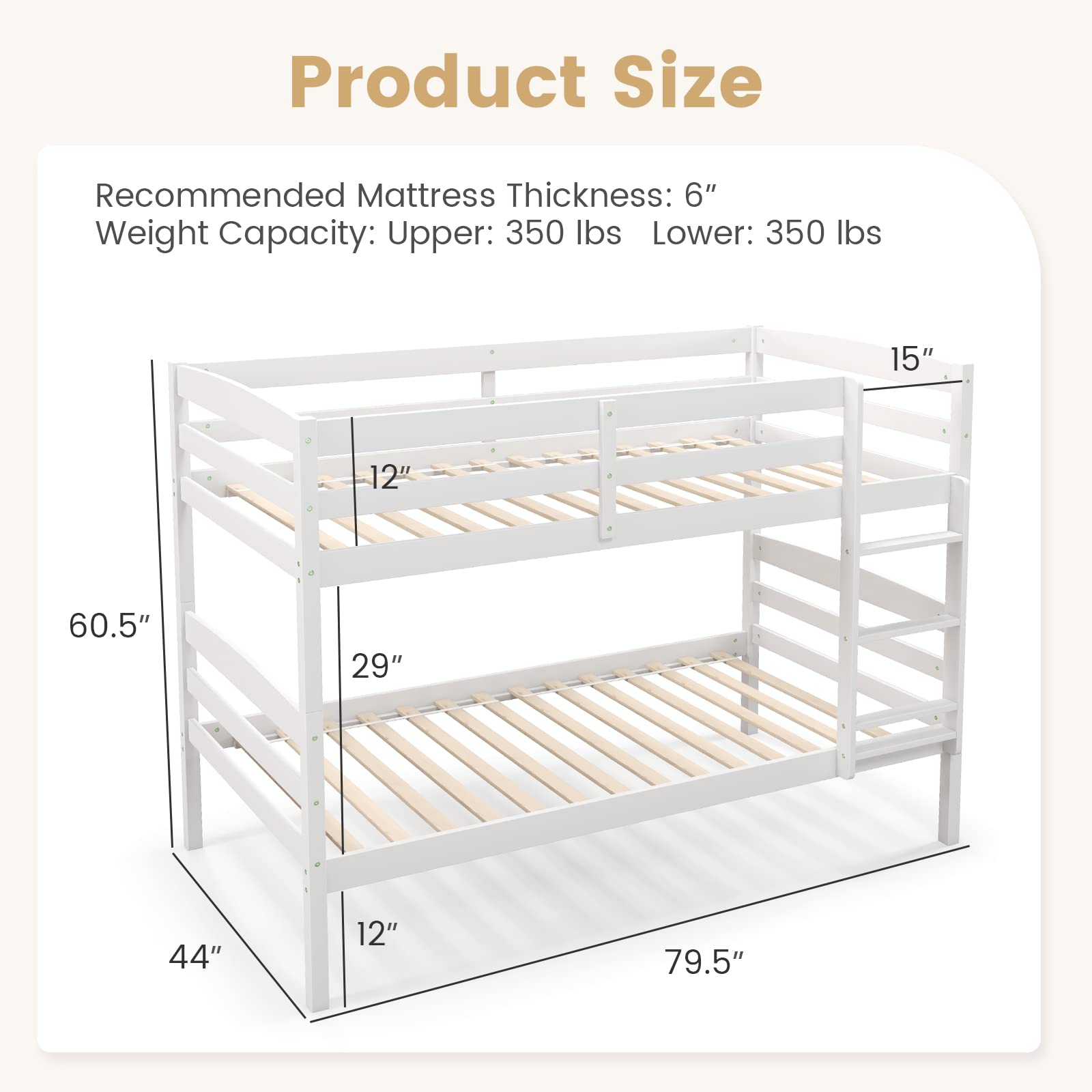 Giantex Bunk Bed Twin Over Twin, Solid Wood Detachable Bed Frame with High Guardrails & Integrated Ladder, Wooden Slatted Bunk Bed for Kids & Teens, No Box Spring Needed, White