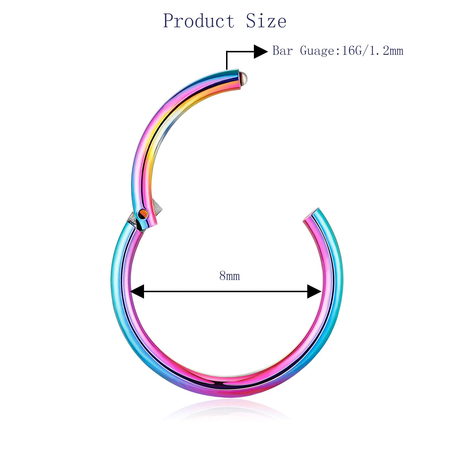 Generic 5Pcs Set 16G Nose Rings 316L Surgical Steel Hinged Segment Ring Septum Clicker Lip Nipple Rings Cartilage Rook Helix Conch Tragus Daith Earring Piercing Jewelry, Multicolor (EVBD0018-8mm)