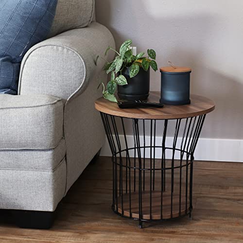 Sunnydaze 17.25-Inch H Modern Pedestal Wire Side Table with Faux Woodgrain Pull-Open Tabletop - Brown