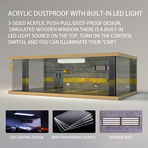 SIKIVOT Model Car Display Case,Model Car Parking Lot Garage,Display Case for 1/32 Diecast Cars,4 Parking Space with LED Light and Acrylic Cover (7334D5)