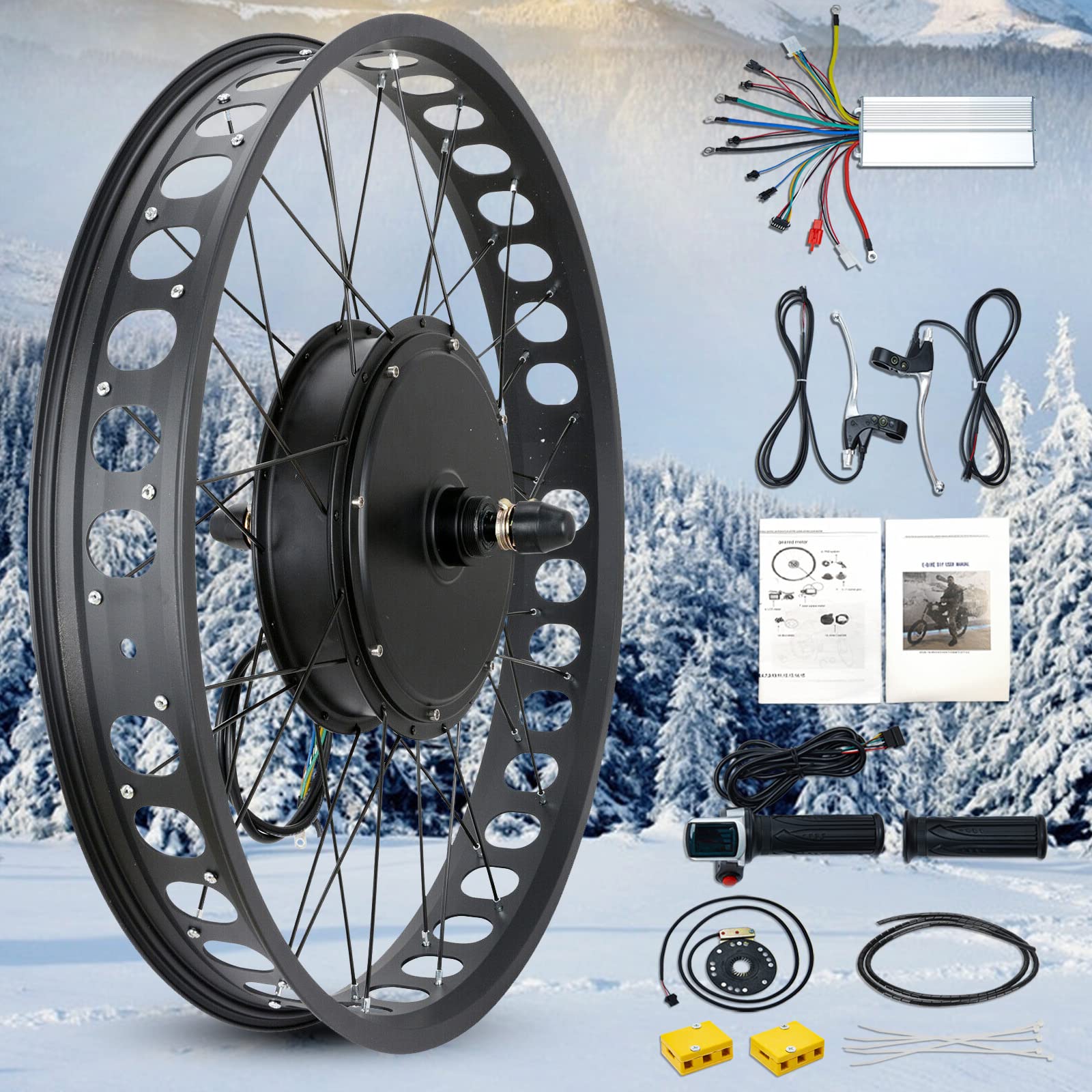 JauoPay 48V 1000W Electric Bicycle Conversion Kit Brushless Gearless Hub Motor 26"x4"~4.25" Front Fat Tire Wheel Frame Dual Mode Controller