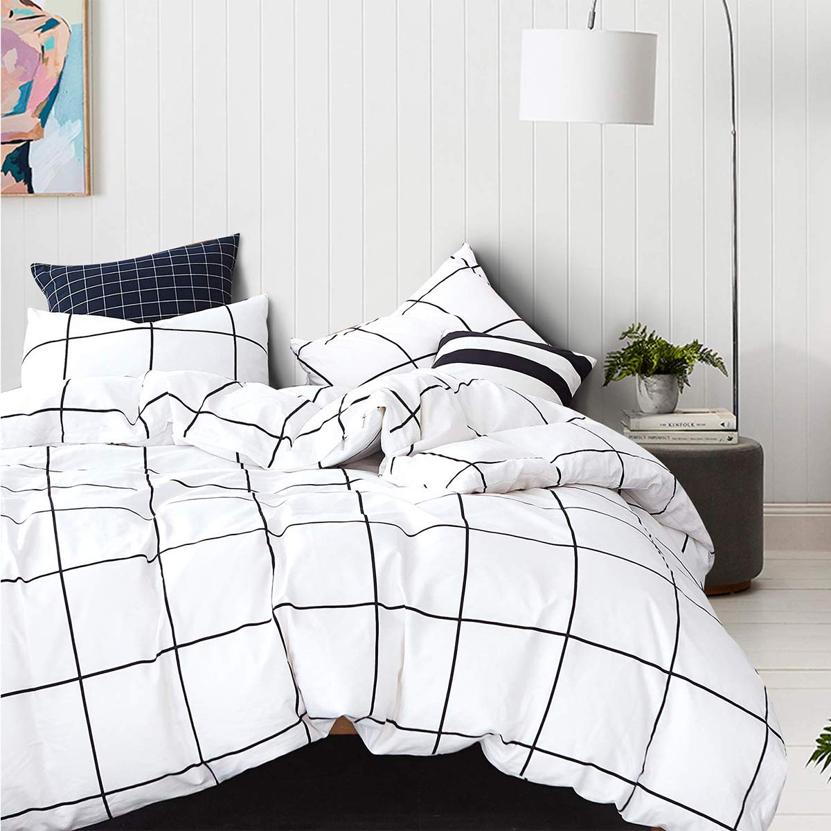Wellboo White Plaid Duvet Cover Set Queen Size Black and White Grid Bedding Cover Cotton Modern Large Plaid Checkered Quilt Covers Soft Durable Buffalo Plaid Geometric Duvet Covers Breathable 3 Pieces