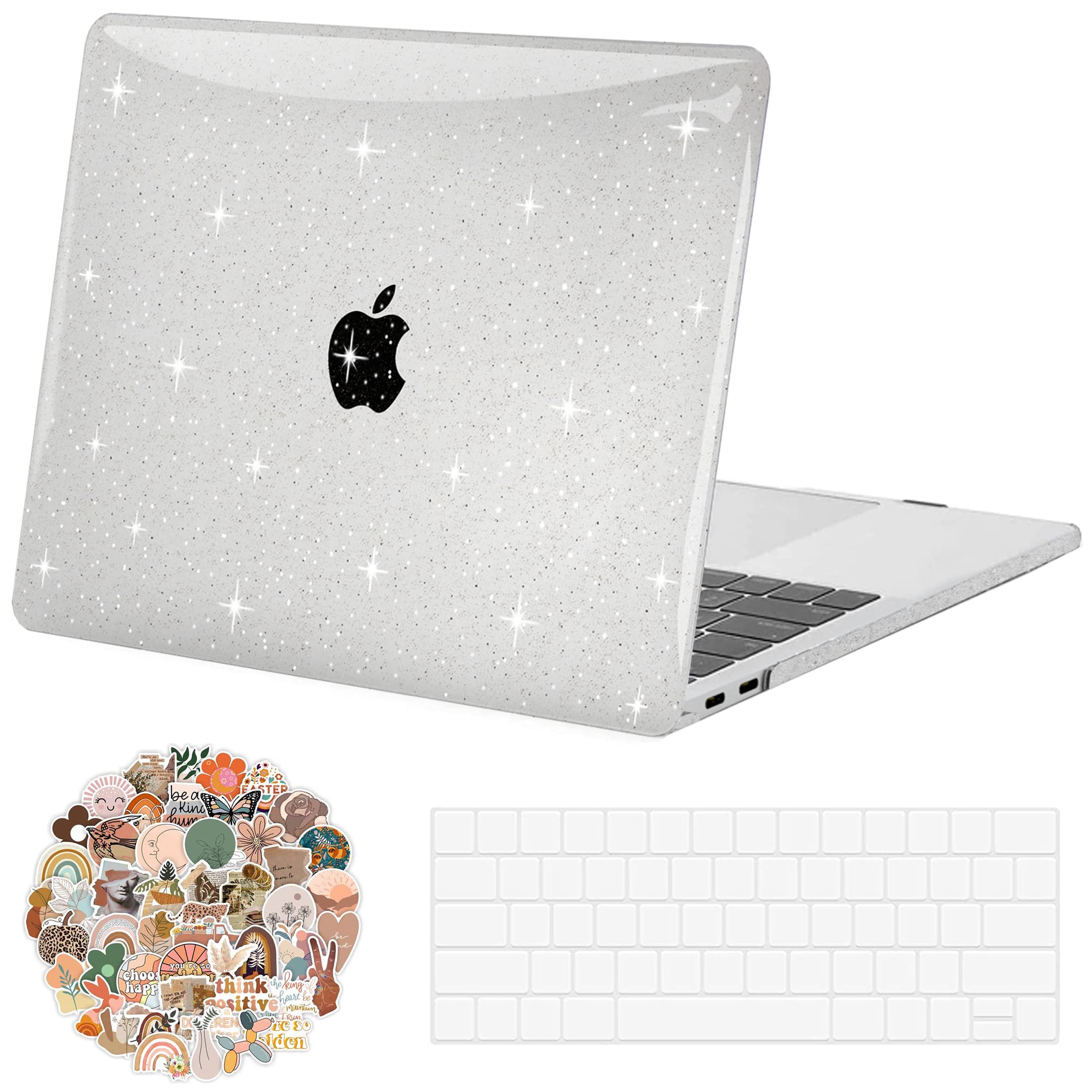 G JGOO Compatible with MacBook Air 15 inch Case 2024 2023 Release A2941 M2 chip with Retina Display & Touch ID, Clear Glitter Protective Laptop Hard Shell Case +Keyboard Cover+50 pcs Laptop Sticker