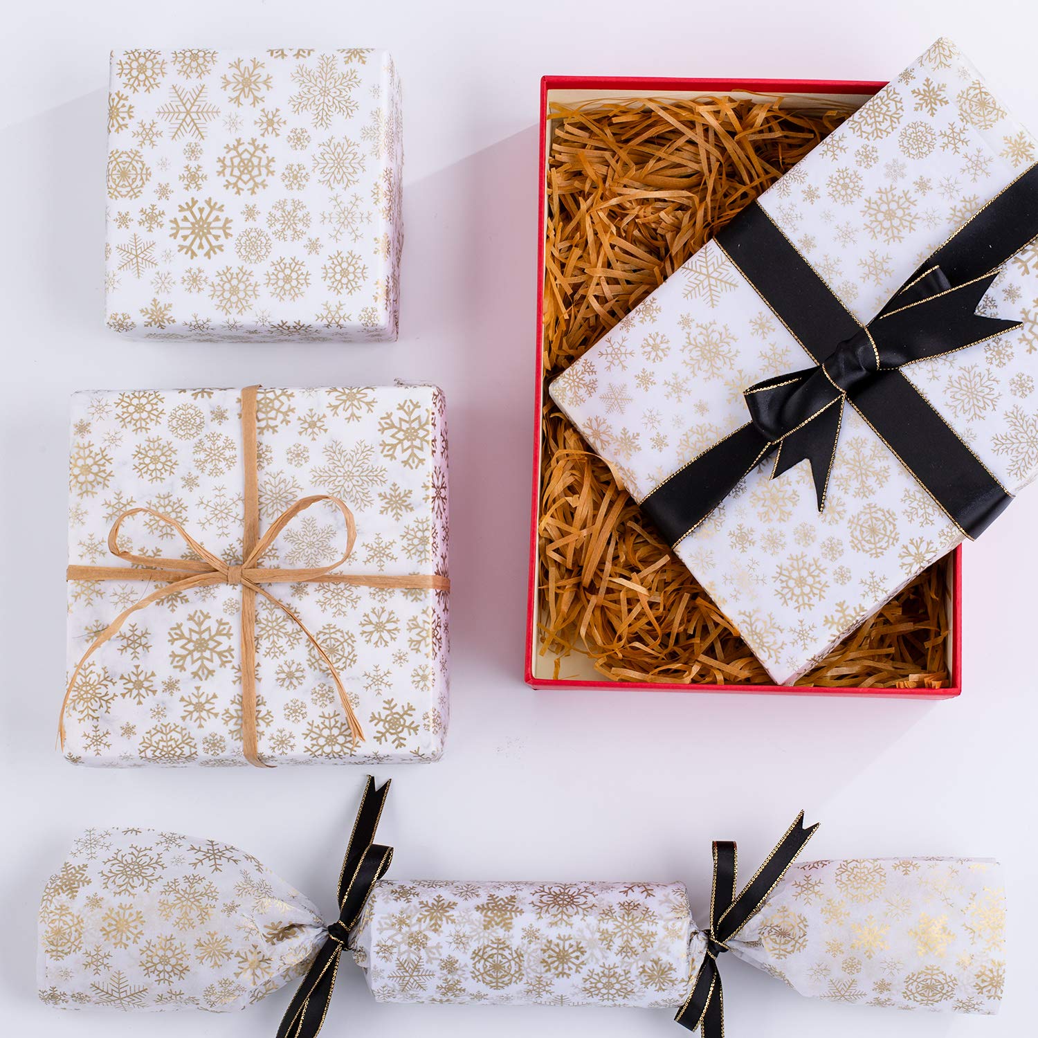 Whaline Snowflake Tissue Paper 20" x 28" Christmas Metallic Acid Free Wrapping Paper Bulk Big Size for Home, DIY and Craft, Gift Bags New Year Decorations, 60 Sheets (Gold)