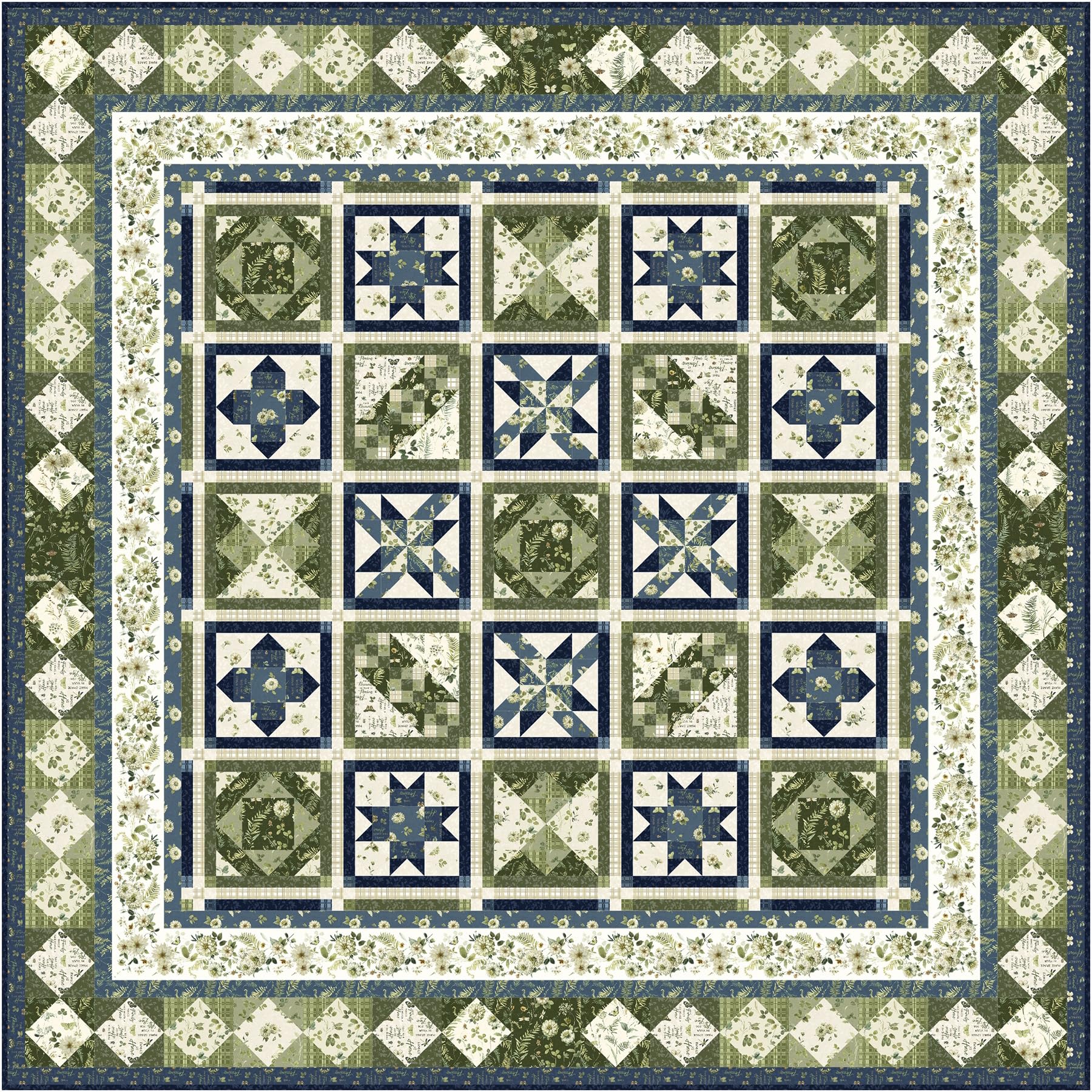 Uplifting Words, Green, Butterflies, Clover, on Creamy White, Green Fields, Wilmington Prints, 17805-172, by The Yard