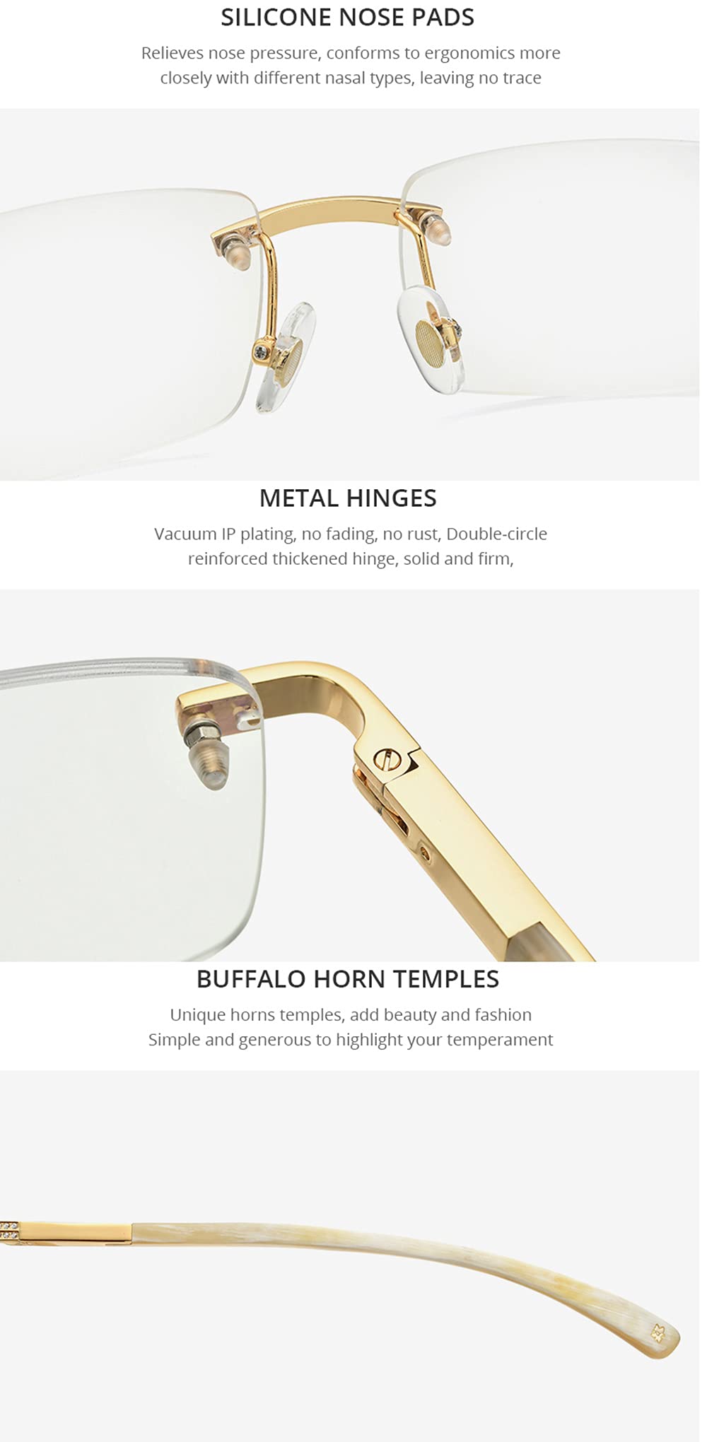 HEPIDEM 100% Really Buffalo Horn Glasses,Square Rimless Luxury Buffs Eyeglasses With Diamonds (Black 0023)