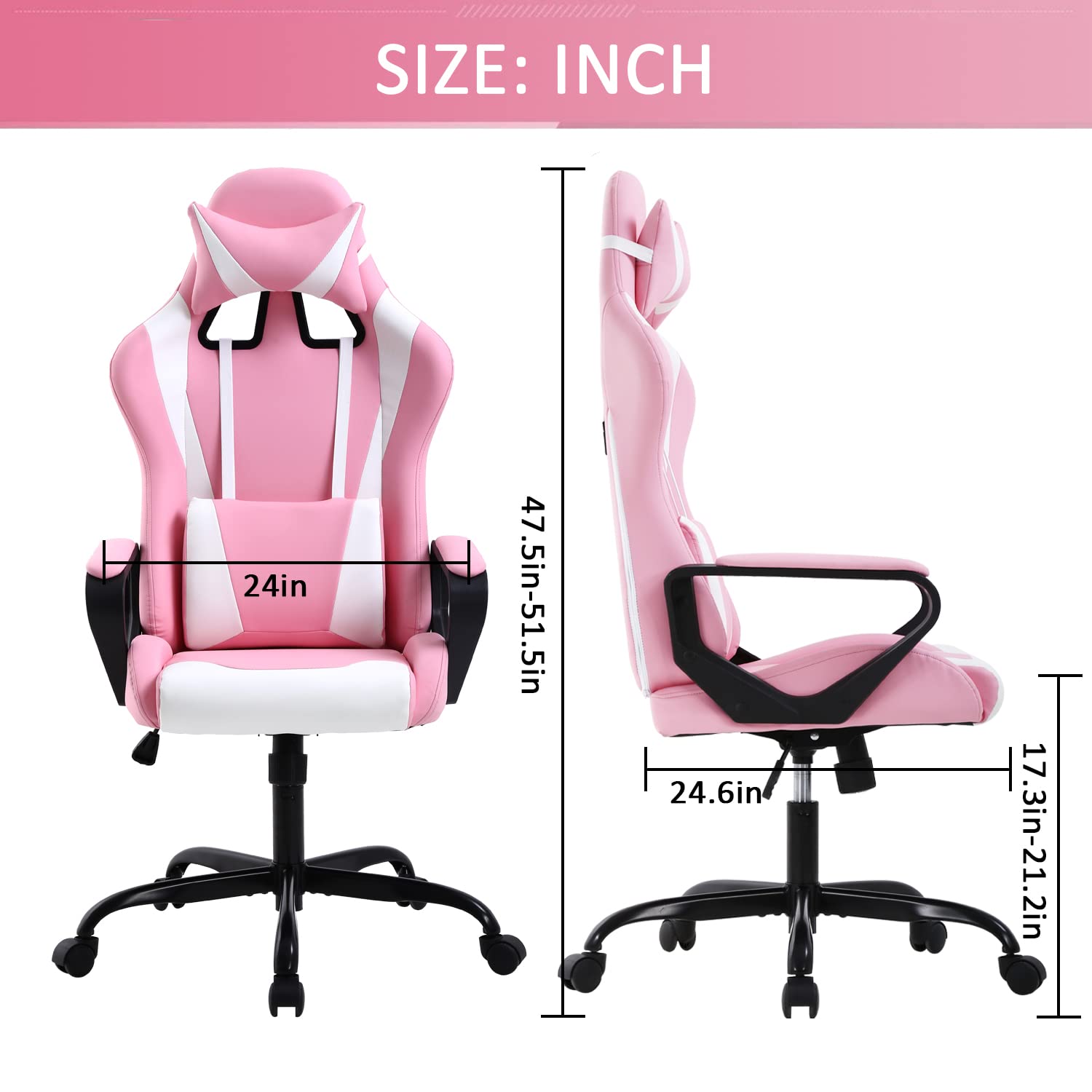 Gaming Chair High Back Ergonomic Leather Office Chair Adjustable Swivel Desk Chair Reclining Racing PC Computer Chair with Lumbar Support and Headrest for Back Pain Adults Teens(Pink)