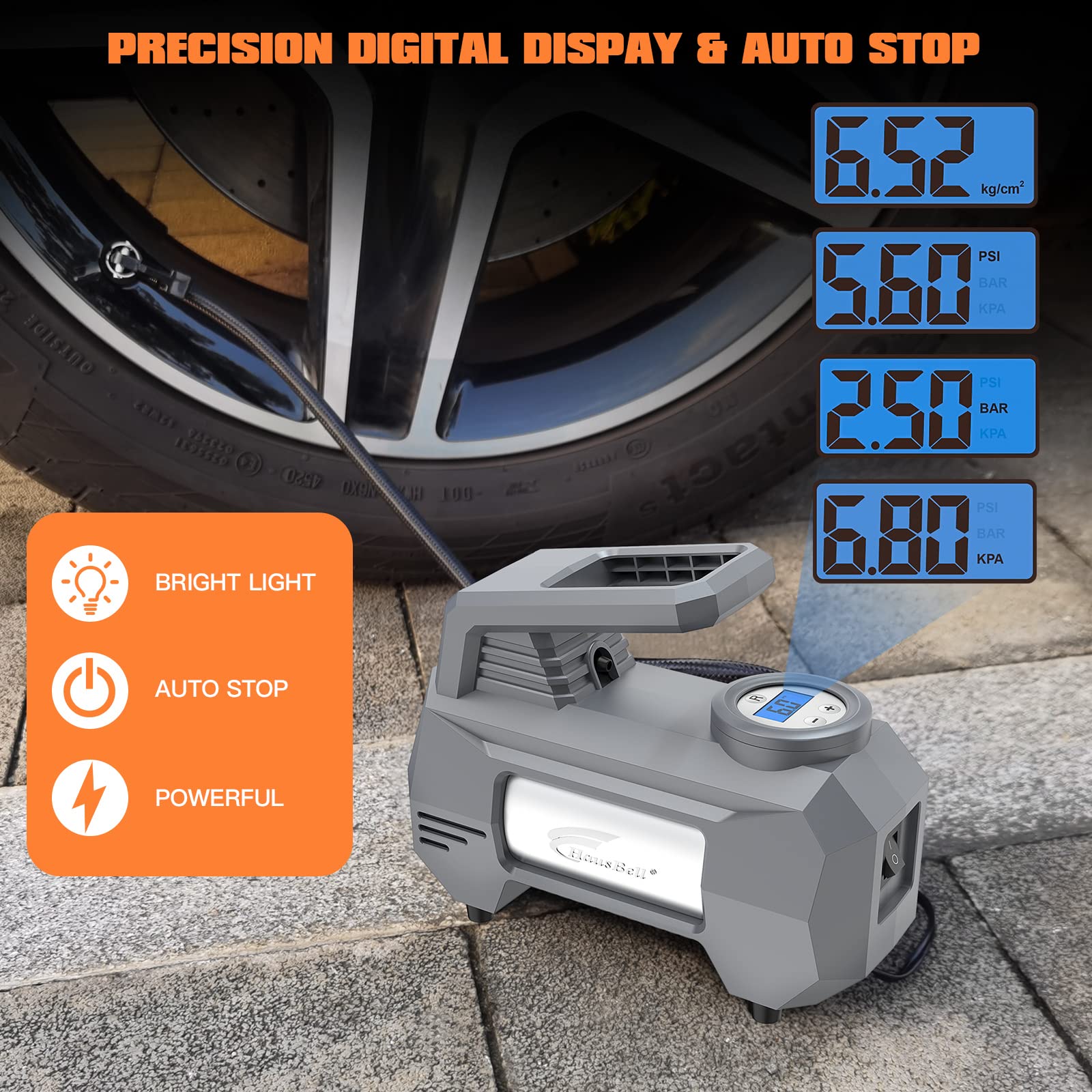 HAUSBELL tire inflator portable air compressor for car, portable air pump for car tires, Handle up to 4 Tires at a Time, 12V DC Car Air Pump, 150 PSI with Emergency LED Light (Grey)