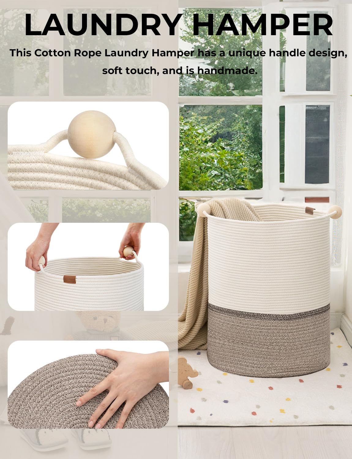 StorageWorks 58L Cotton Rope Laundry Basket with Wooden Beads Handles, Woven Basket for Storage, Dirty Clothes, Kids Toys, Towels, White & Light Brown