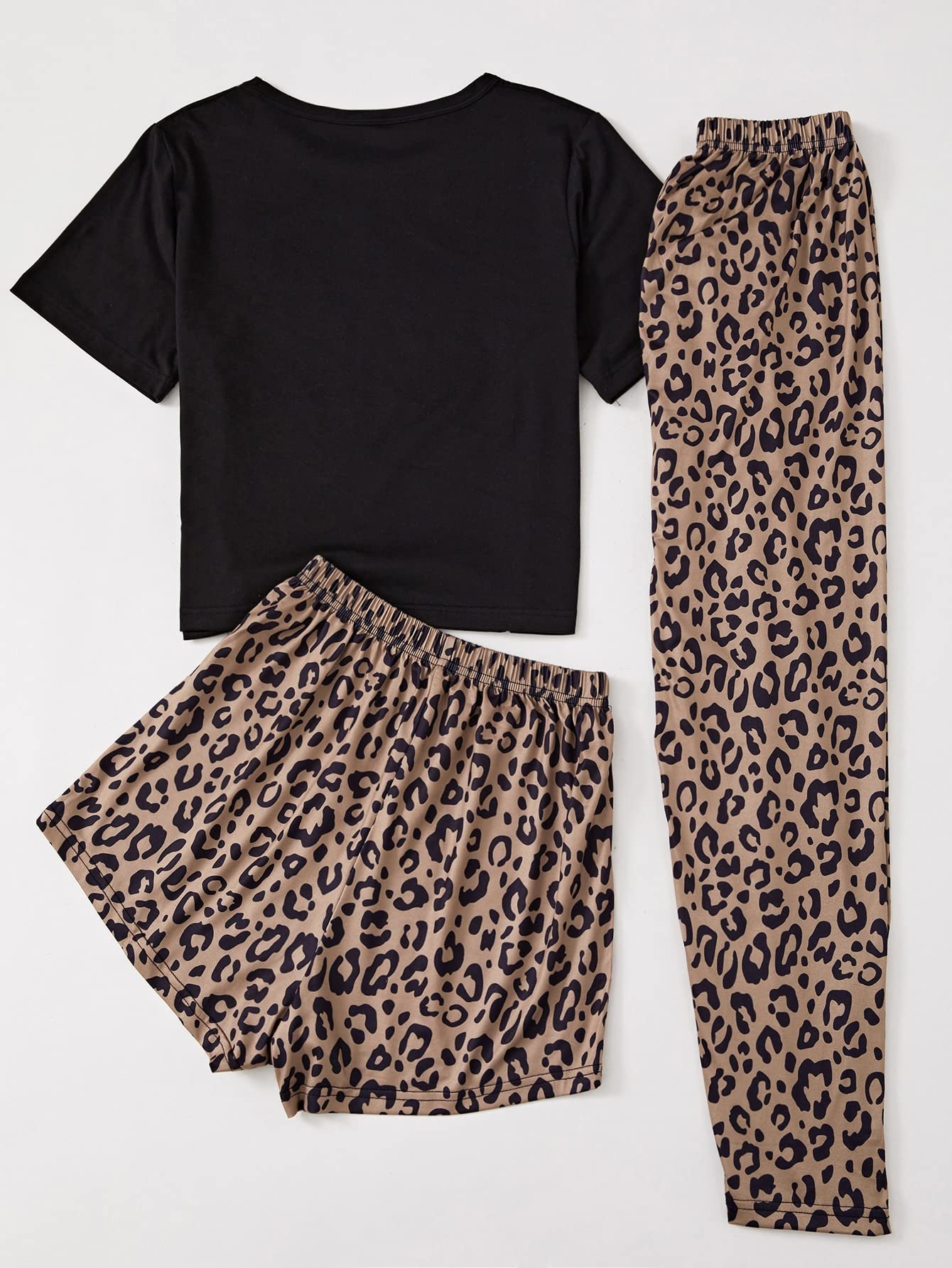 GORGLITTER Women's 3 Piece Pajama Sets Cute Print Short Sleeve Tee Top and Shorts with Pants Sleepwear Loungewear Black and Brown Large