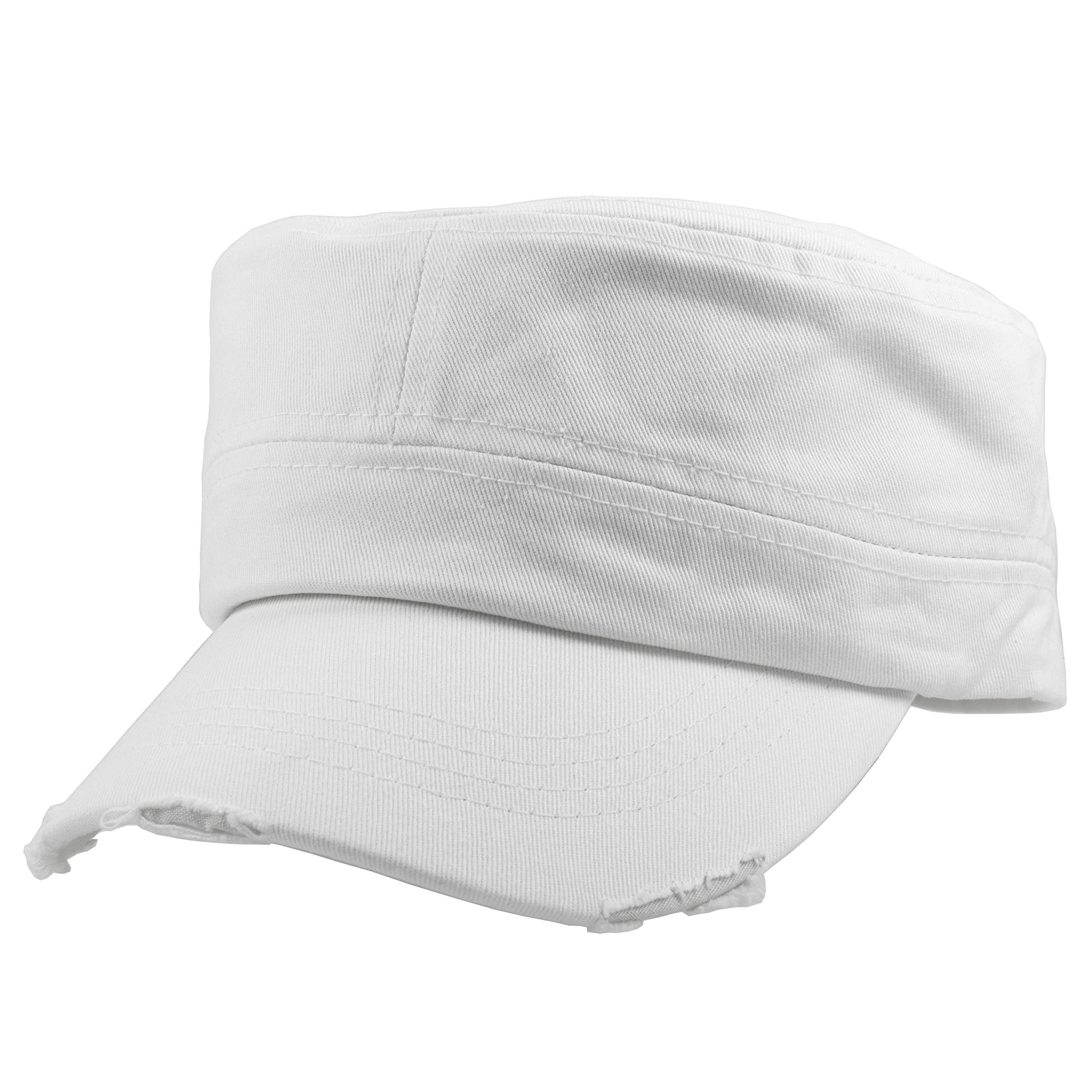 Gelante Cadet Caps 100% Breathable Cotton Plain Flat Top Twill Militray Style with Adjustable Strap. (Distressed White)