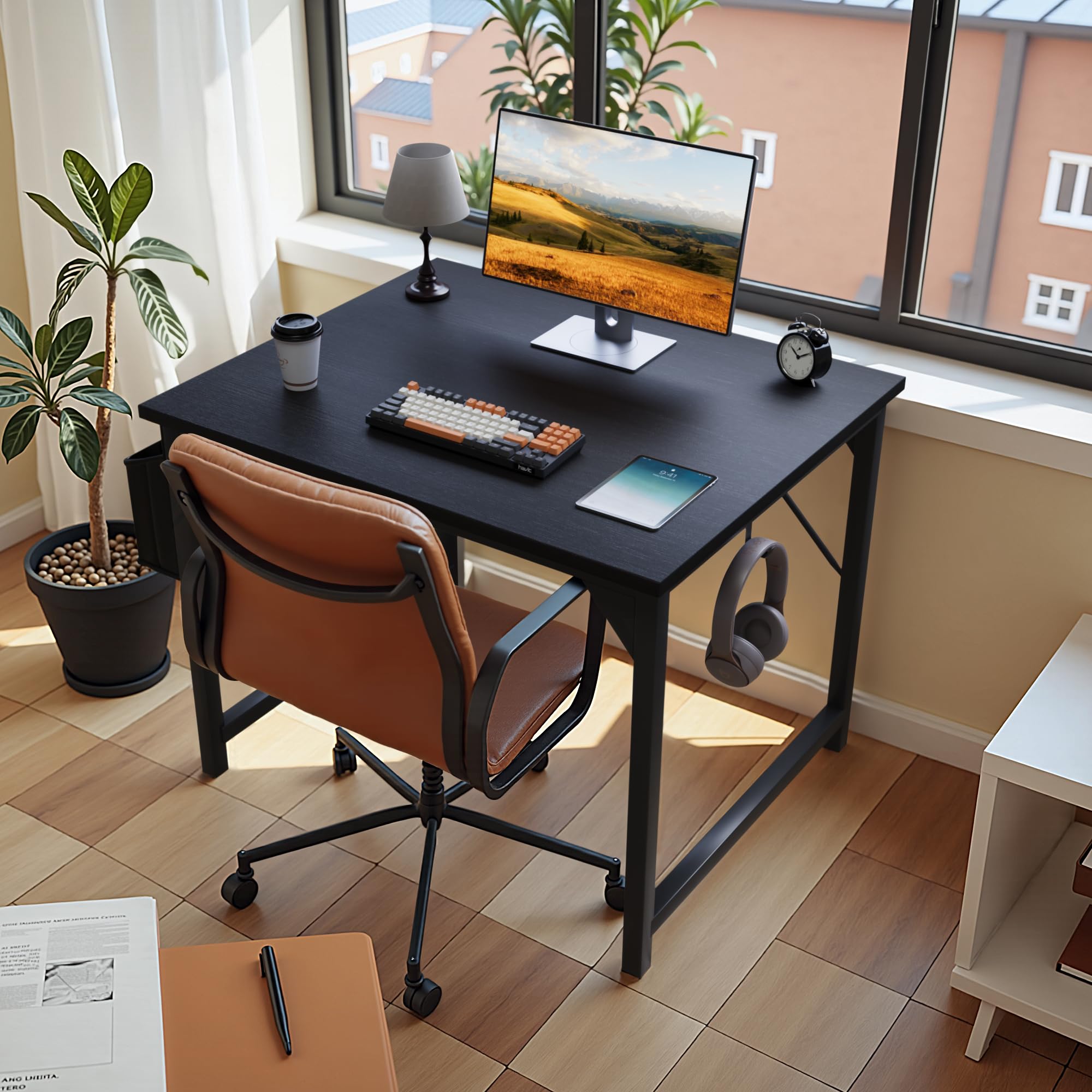 Shahoo Computer Desk 32 Inch Small Office Writing Work Study Kids Student Bedroom Wood Modern Simple Table with Storage Bag & Headphone Hooks, White