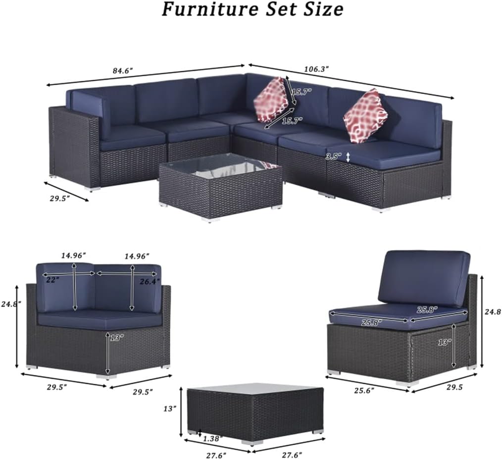 Garden Terrace Furniture 7-Piece PE Rattan Wicker Cuts Padded Sofa Sets with 2 Cushions and Coffee Table