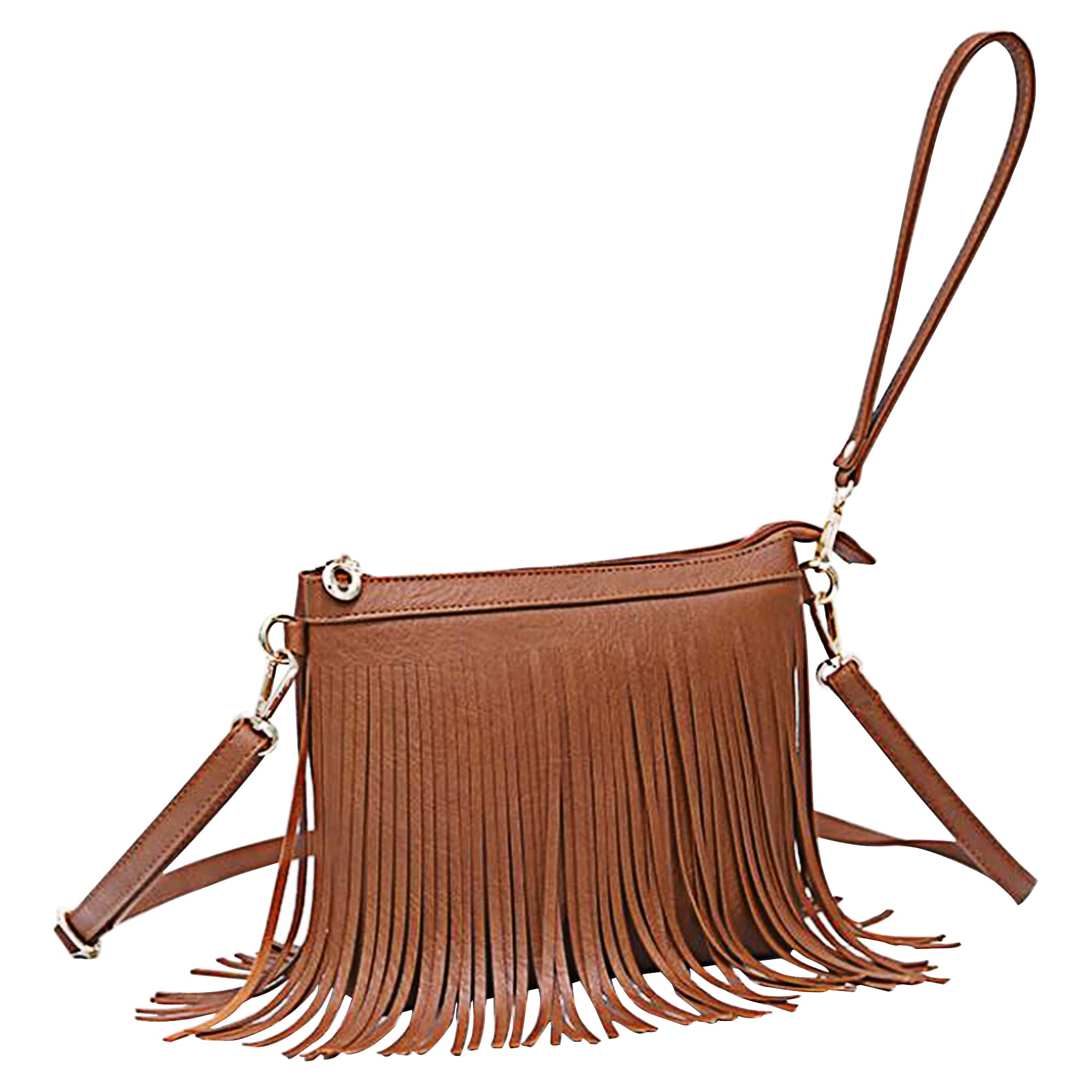 Hyuyikuwol Womens Fringe Messenger Bag Wrist Strap Shoulder Crossbody Bag Satchel PU Leather, Brown