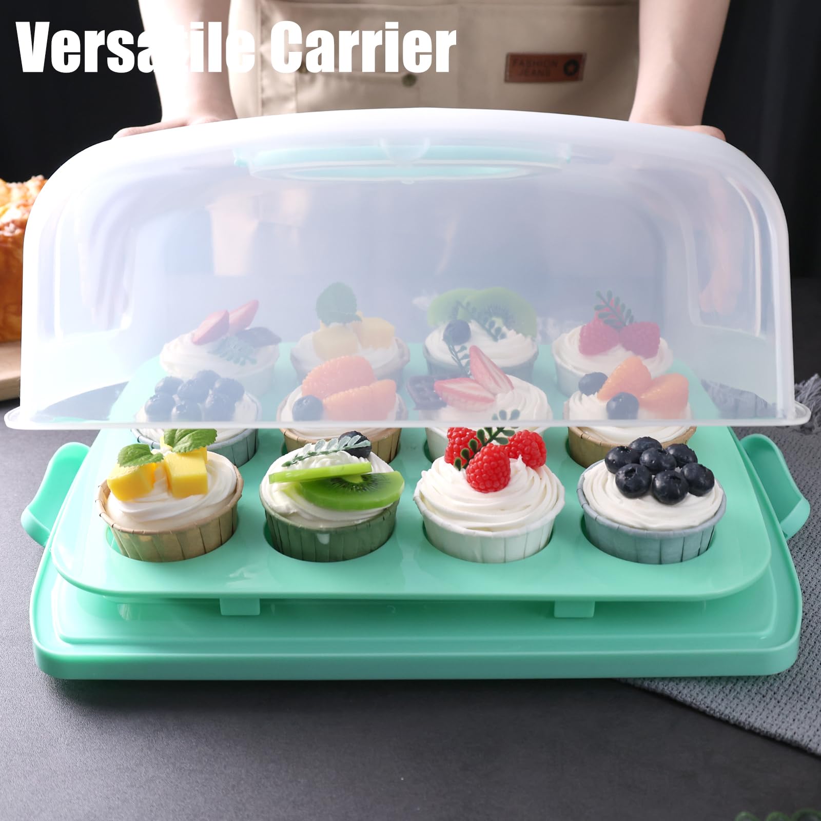 VGOODALL Cake Carrier with Lid, White Square Cake Holder Cupcake Container for 12 Cupcakes 2 in 1 Portable Dessert Container for Cake Pie Muffin Cobbler