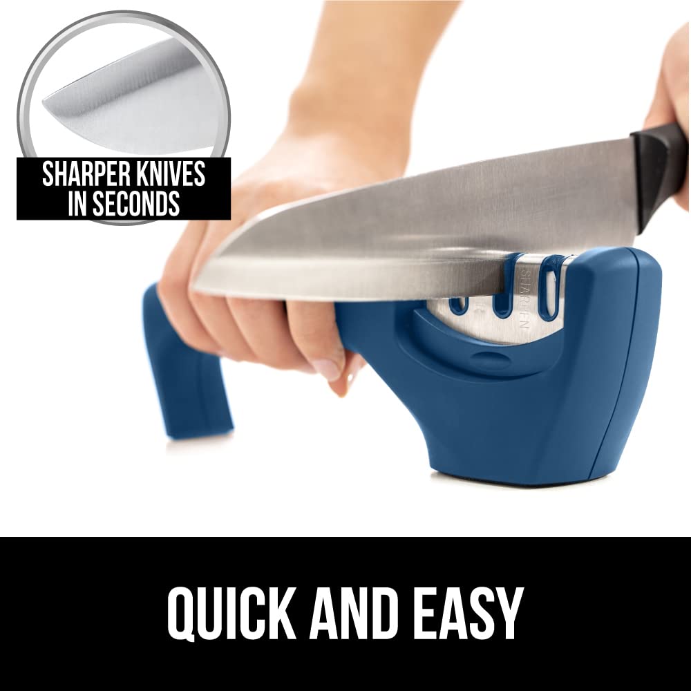 Gorilla Grip Easy to Use Knife Sharpener, 3 Sharpening Options to Help Polish, Sharpen and Repair Kitchen Knives, Restore Dull Blades, Slip Resistant Handle, Durable, Professional Chef Quality, Blue