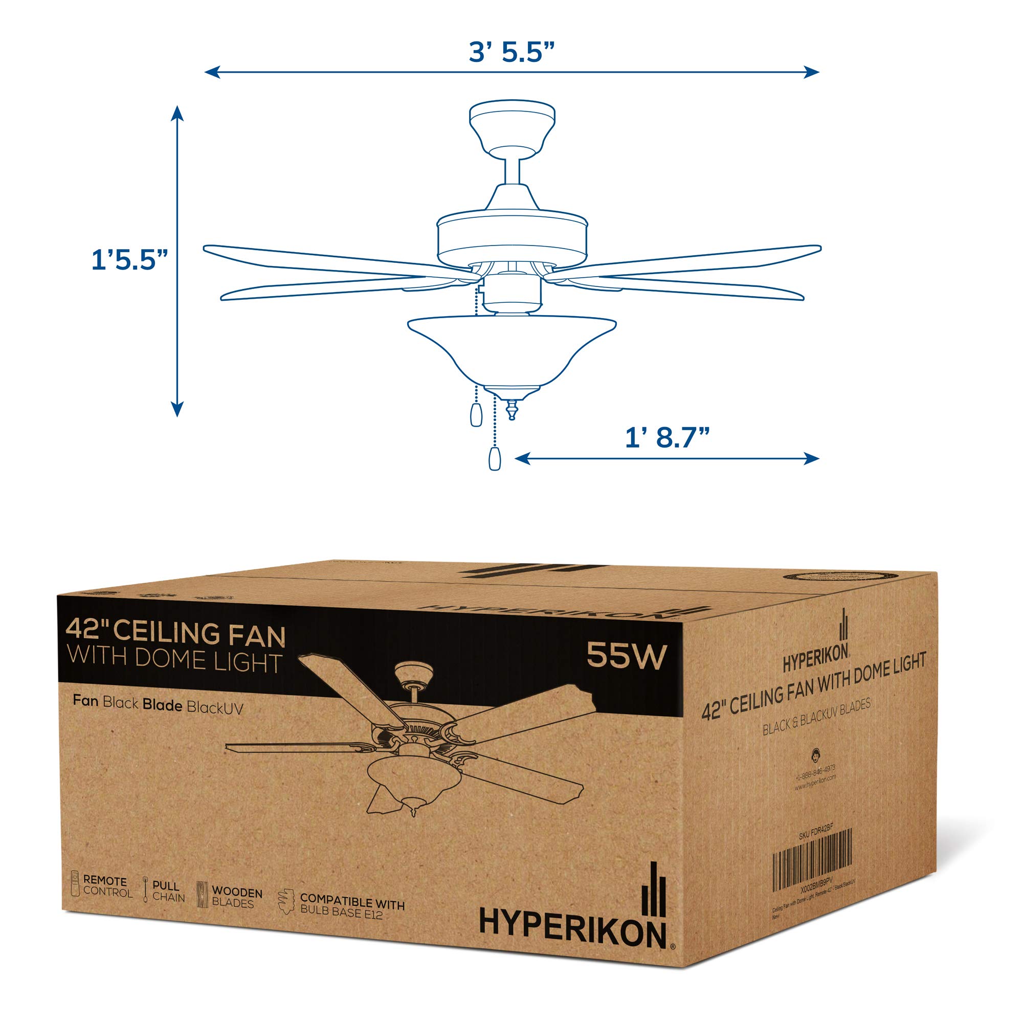 Hyperikon 42 Inch Ceiling Fan, 55W, Remote Control and Pull Chain, Black Fixture, 5 Blades, Frosted Dome Light, Black