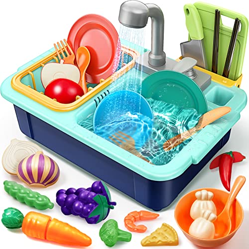 Geyiie Play Sink with Running Water - Kitchen Sink Toys for Kids and Toddlers with Upgraded Faucet, Cutting Food, Play Dishes, Pretend Role Play Kitchen Set, Ideal Sensory Gift for Girls Boys