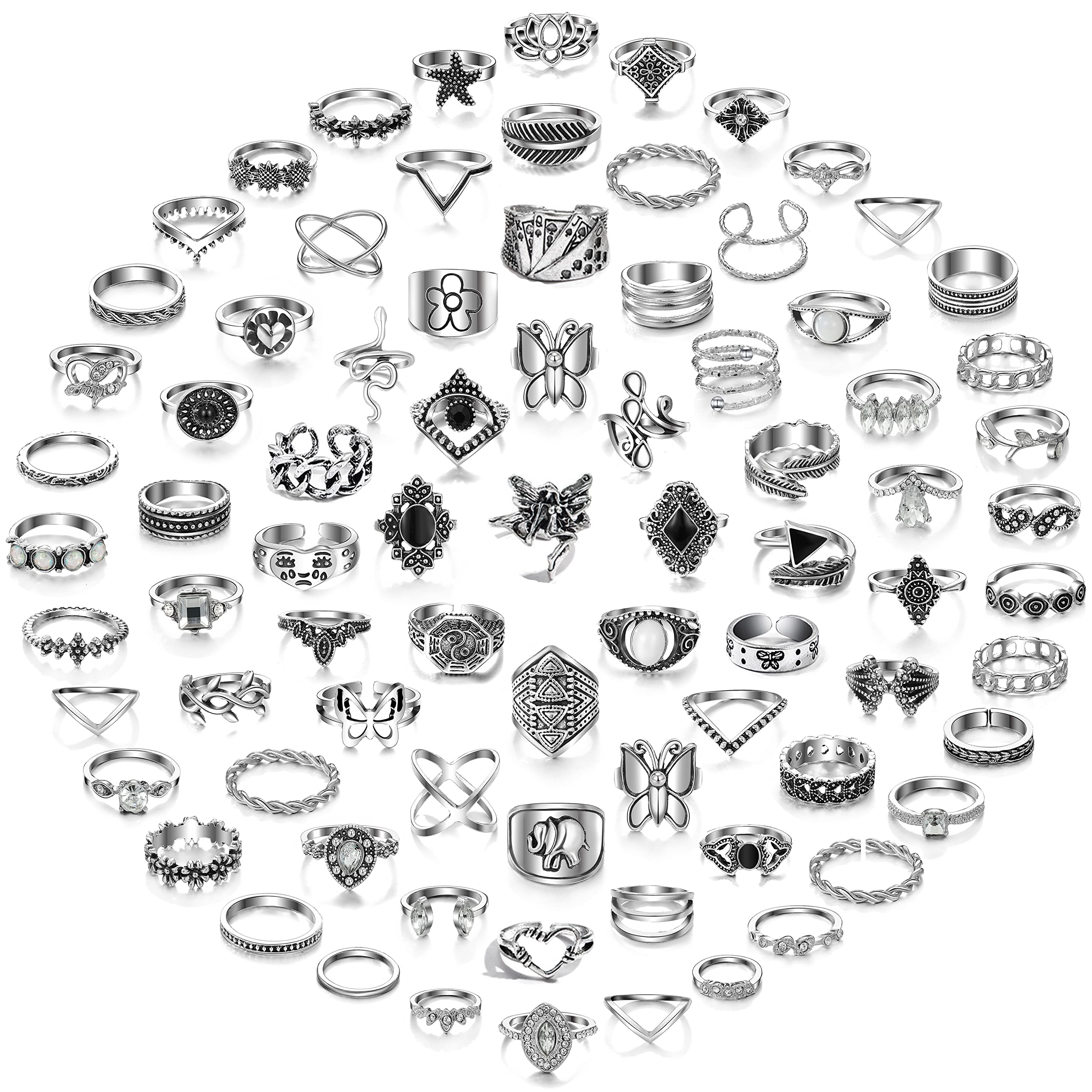 IFKM 80 Pcs Vintage Silver Knuckle Rings Set for Women Stackable Y2K Aesthetic Joint Finger Ring Bohemian Retro Midi Rings Boho Butterfly Snake Crystal Stacking Rings Pack for Girls