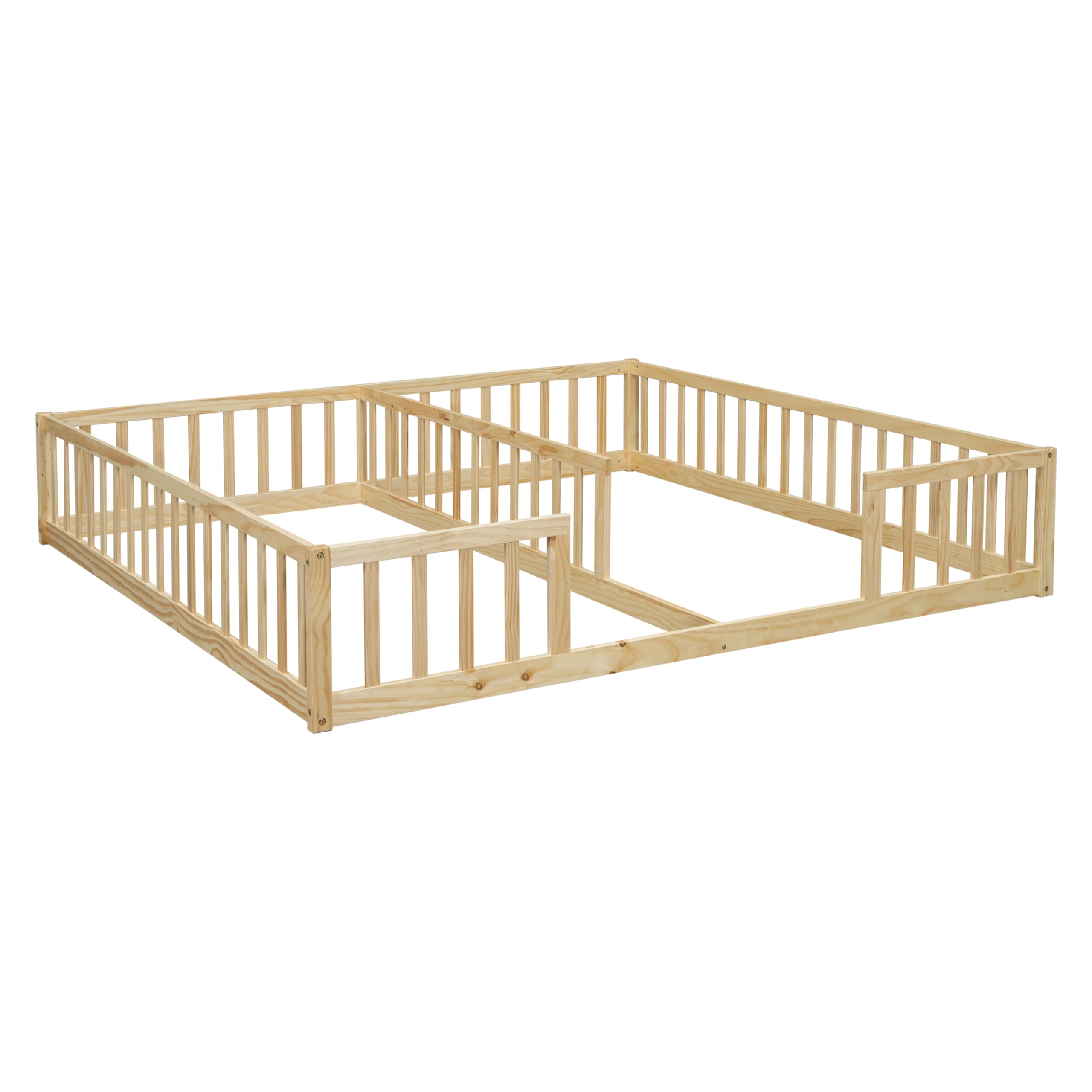 PVWIIK Twin Size Double Montessori Bed for Kids, Girls, Boys Bedroom,Twin Floor Bedframe w/Fence,Easy Assembly & No Box Spring Needed, Natural