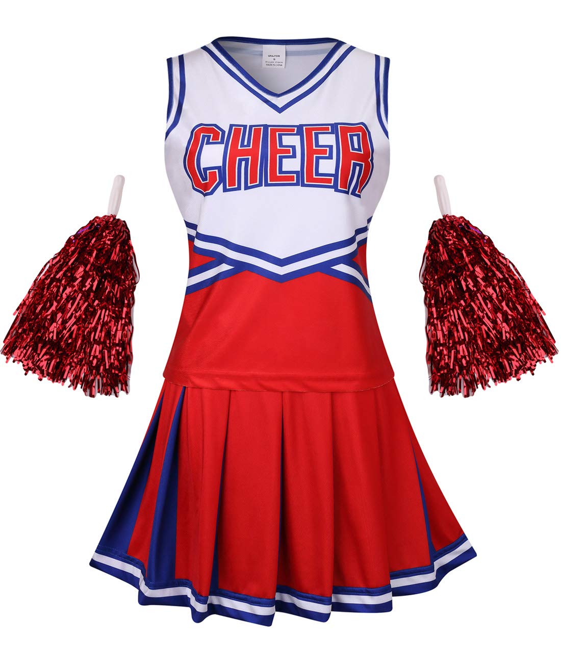 GRAJTCIN Women's Cheerleader Costume Halloween 3-Pieces High School Girl Cheerleading Outfit with Pom Pom(Medium, Red)