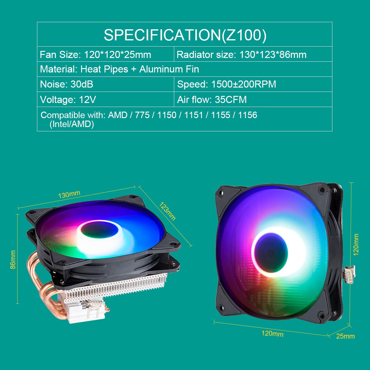 GOLDEN FIELD Z100 CPU Air Cooler 4 Heatpipes Heatsink 95W Radiator with 120mm Low Profile LED Fan for Intel LGA1151 and AMD AM4