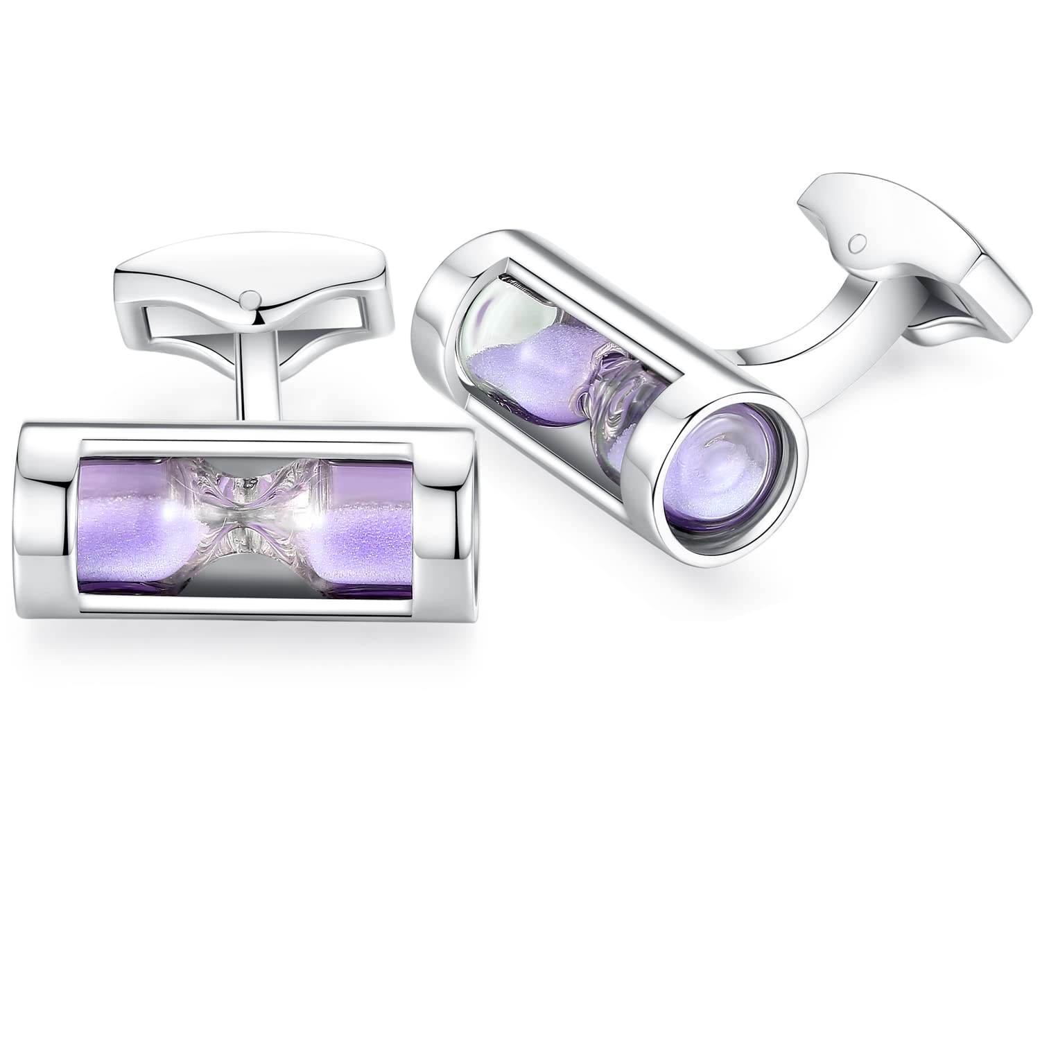 HONEY BEAR Hourglass Funnel Sand Timer Cufflinks for Mens Steel Wedding Gift (Purple)