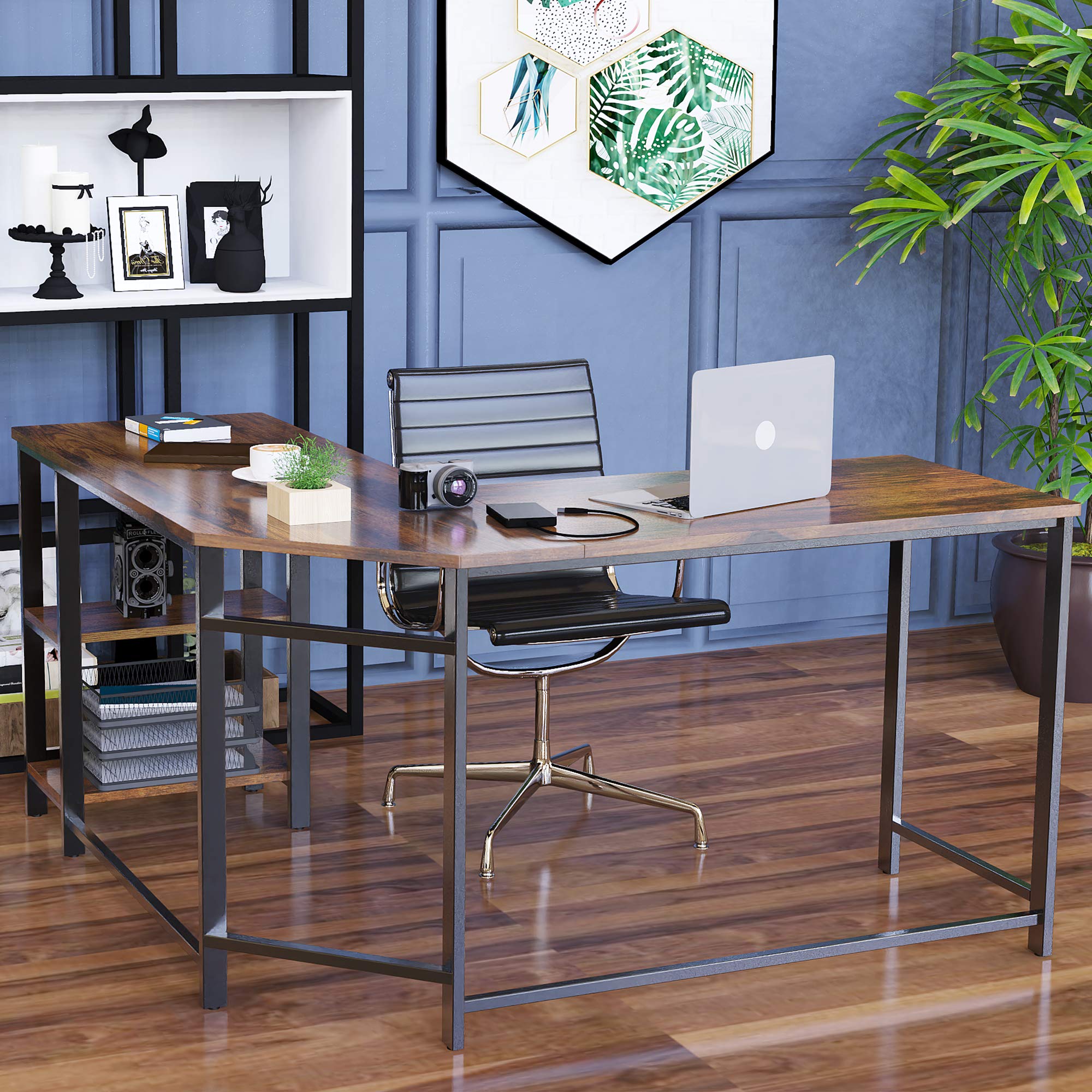 GOOD & GRACIOUS L Shaped Desk, 60 inch Home Office L Shape Desk with Adjustable Storage&Shelves, Conrner Computer Desk Table for Workstation and Study