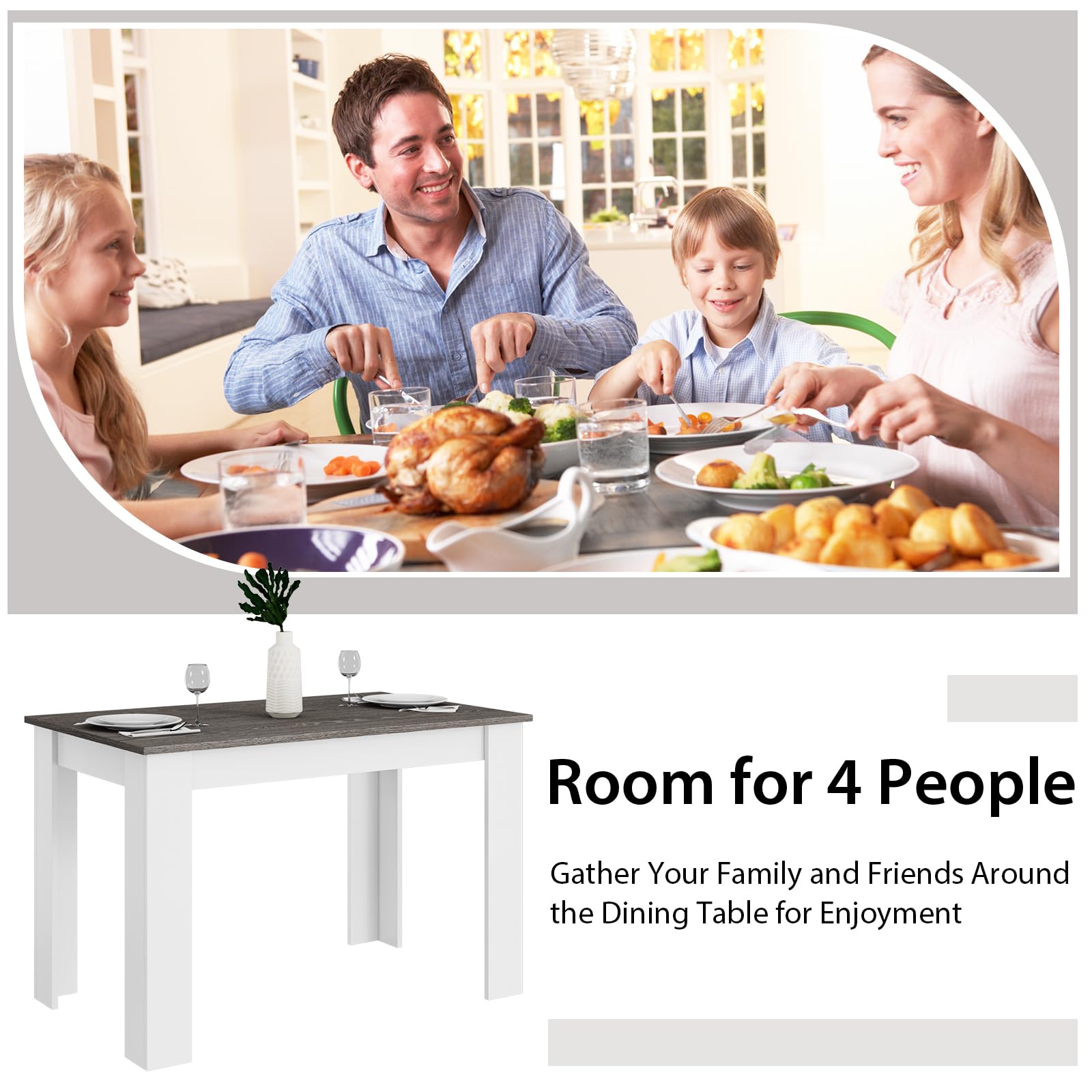 Giantex Wooden Dining Table, Modern Kitchen Table for 4, Rectangular Dinner Table for Kitchen, Dining Room, Living Room, Home Dinette Furniture, 47" L x 28" W x 30" H, (White & Dark Gray)