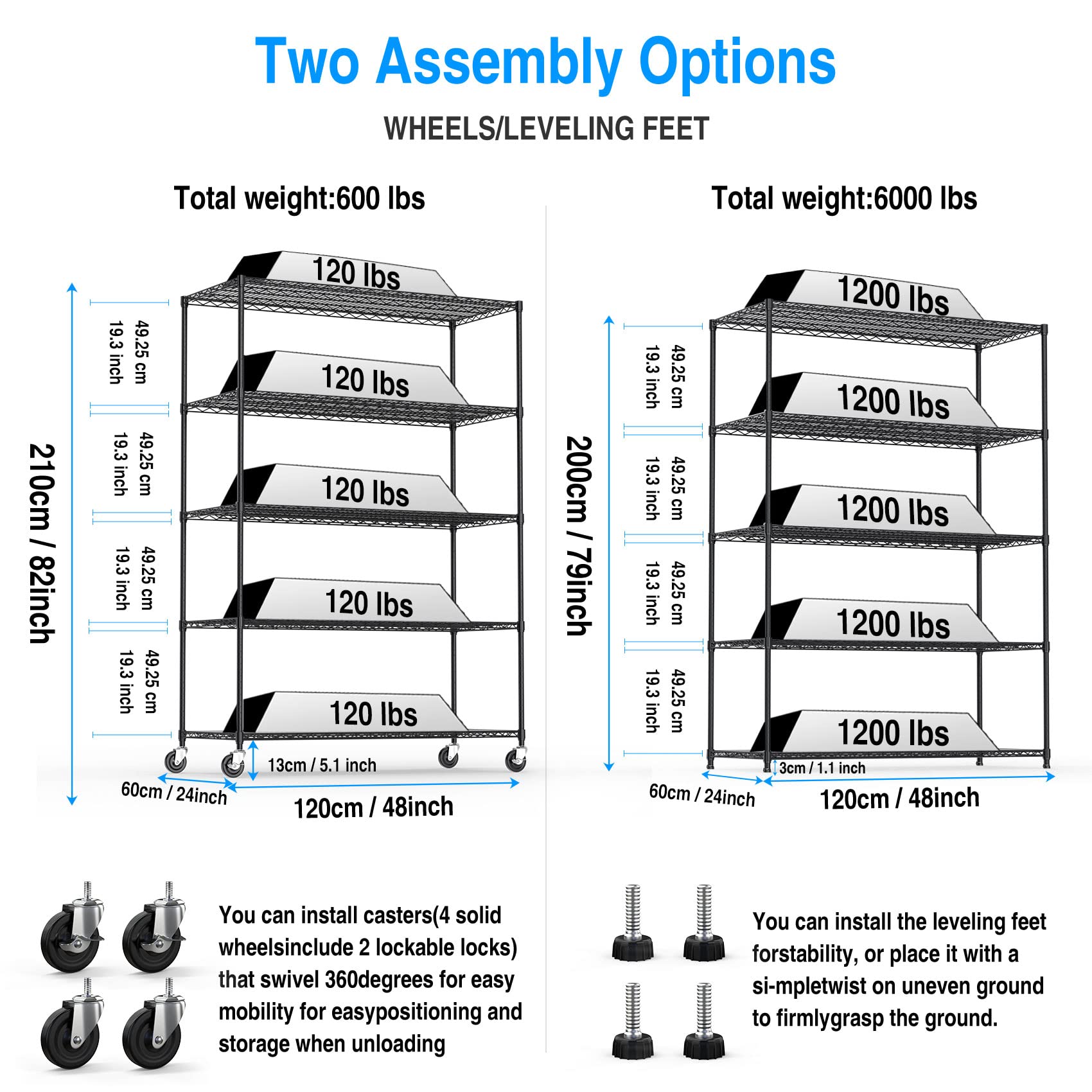 Wire Shelving Unit 5 Tier NSF Metal Shelf,6000lbs Capacity Heavy Duty Adjustable Storage Rack with Wheels & Shelf Liners for Commercial Grade Utility Steel Storage Rack, 82" H x 48" L x 24" D -Chrome