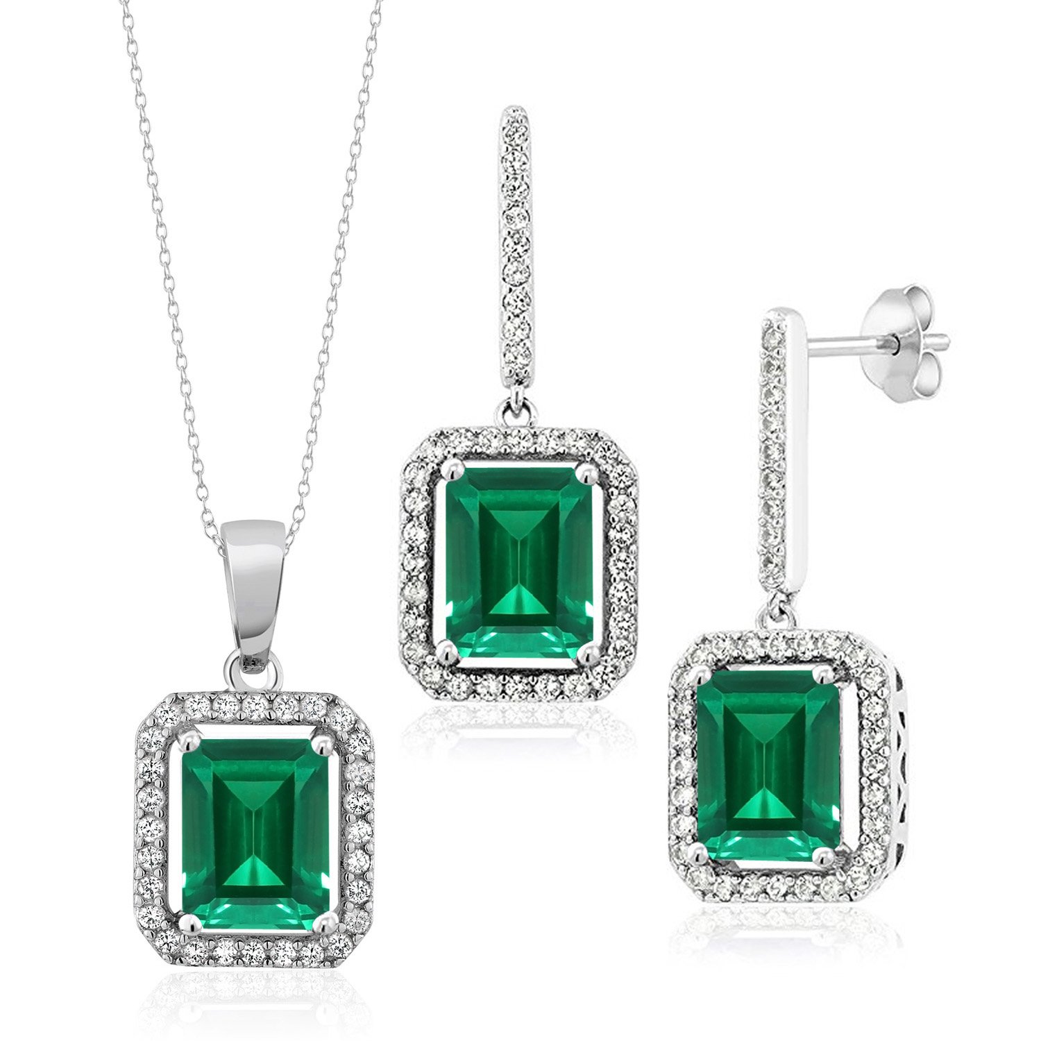 Gem Stone King 925 Sterling Silver Green Simulated Emerald Pendant Earrings Set For Women (7.33 Cttw, with 18 Inch Chain)