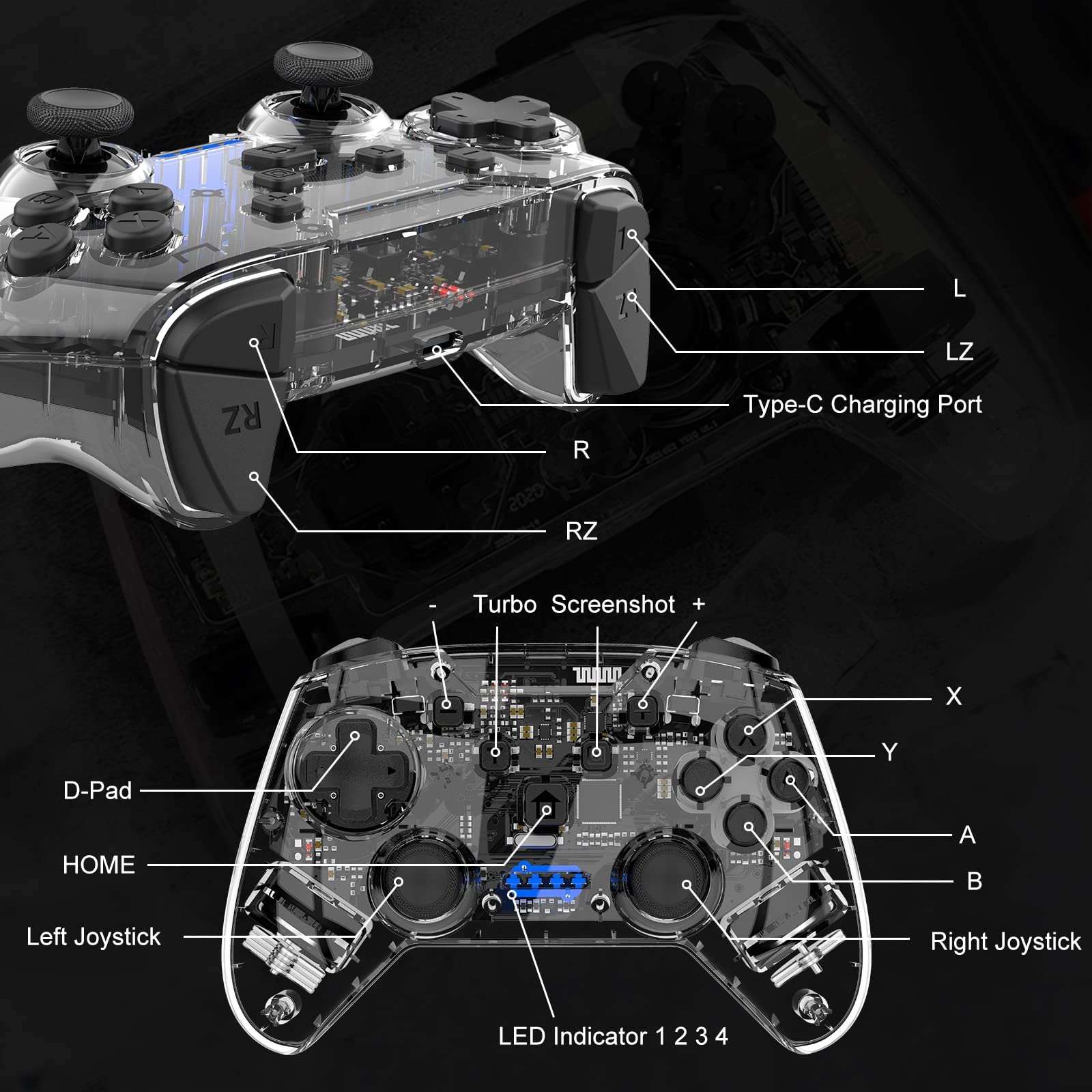 Joso Game Controller for iPhone, Android, Tesla, PC, iPad, MacBook, Transparent Bluetooth Wireless Gamepad Joystick with RGB Colorful Lights for iOS, MFi Games, Arcade, Turbo Function, Direct Play