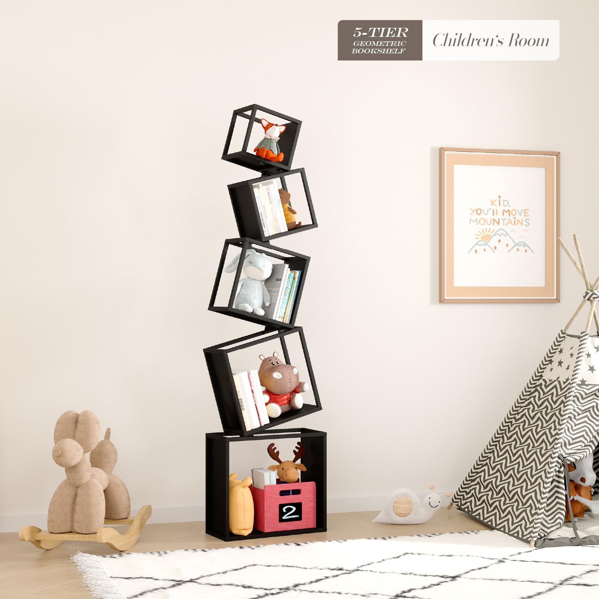 Sttoraboks Bookshelf, 5-Tier Geometric Bookcase, 70.6" Tall Black Book Organizer, Industrial Bookshelf, Book Case, Corner Book Shelf, Display Shelf, Storage Shelves for CDs/Books/Home Décor