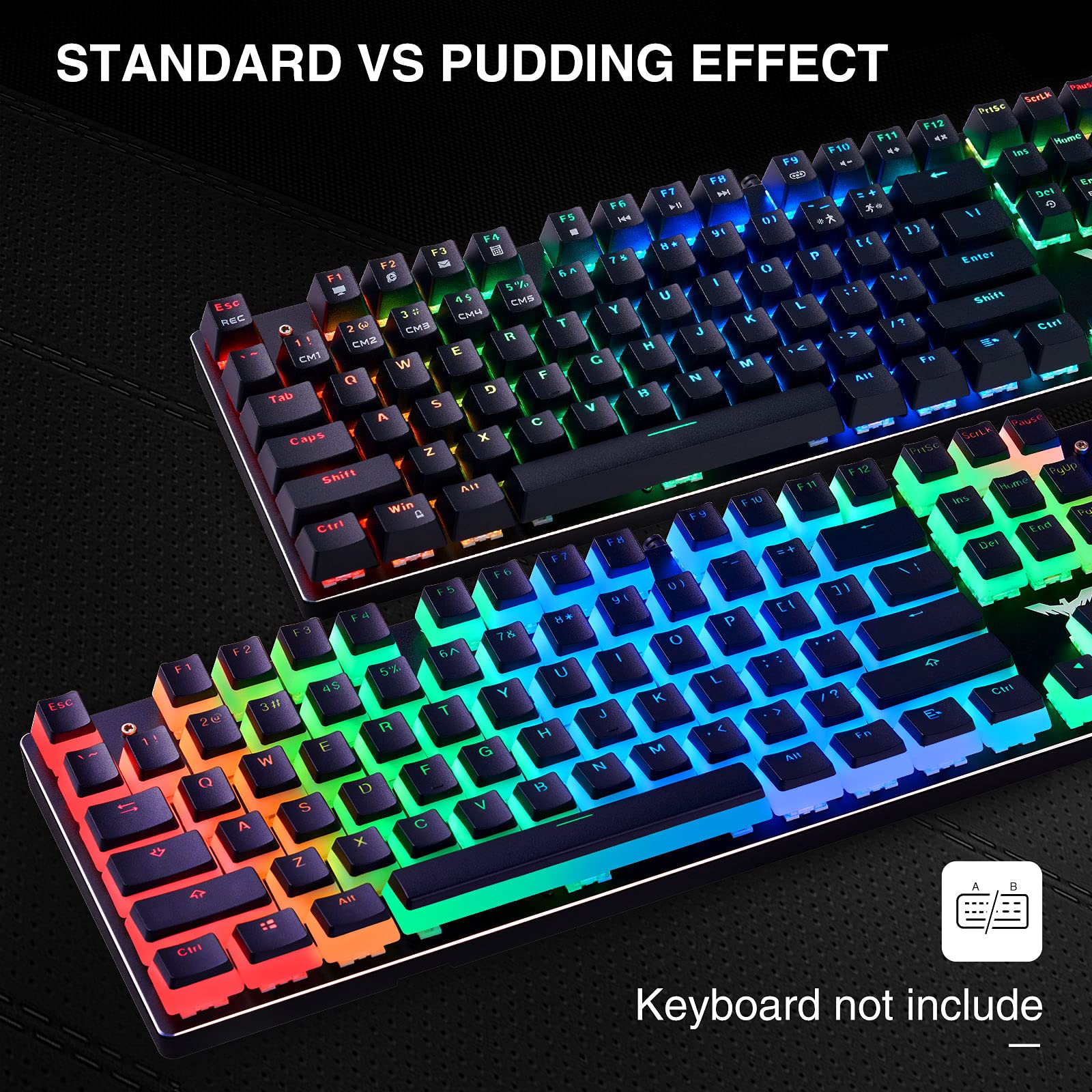 havit Keycaps 60 87 104 Double Shot Backlit PBT Pudding Keycap Set with Puller for DIY Cherry MX RGB Mechanical Keyboard (Black)