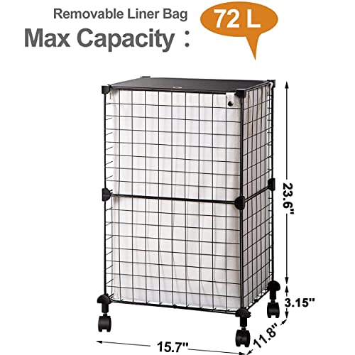 WOWLIVE Iron Wire Laundry Hamper with Lid, Foldable Laundry Basket with Wheels and Removable bags,Collapsible Dirty Clothes Hamper Organizer Dorm Room Storage for Bedroom, Bathroom (Black)