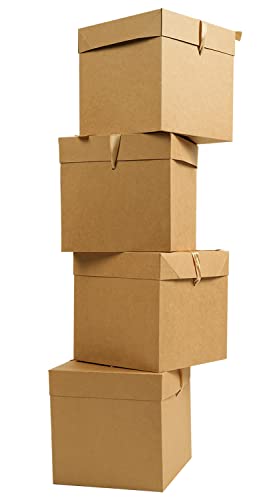 Square Gift Boxes with Lids Set of 4, Brown Kraft Gift Box with Ribbon, (8.7 Inch Medium), Presents Packing, Birthday, Wedding Party Favor Boxes.