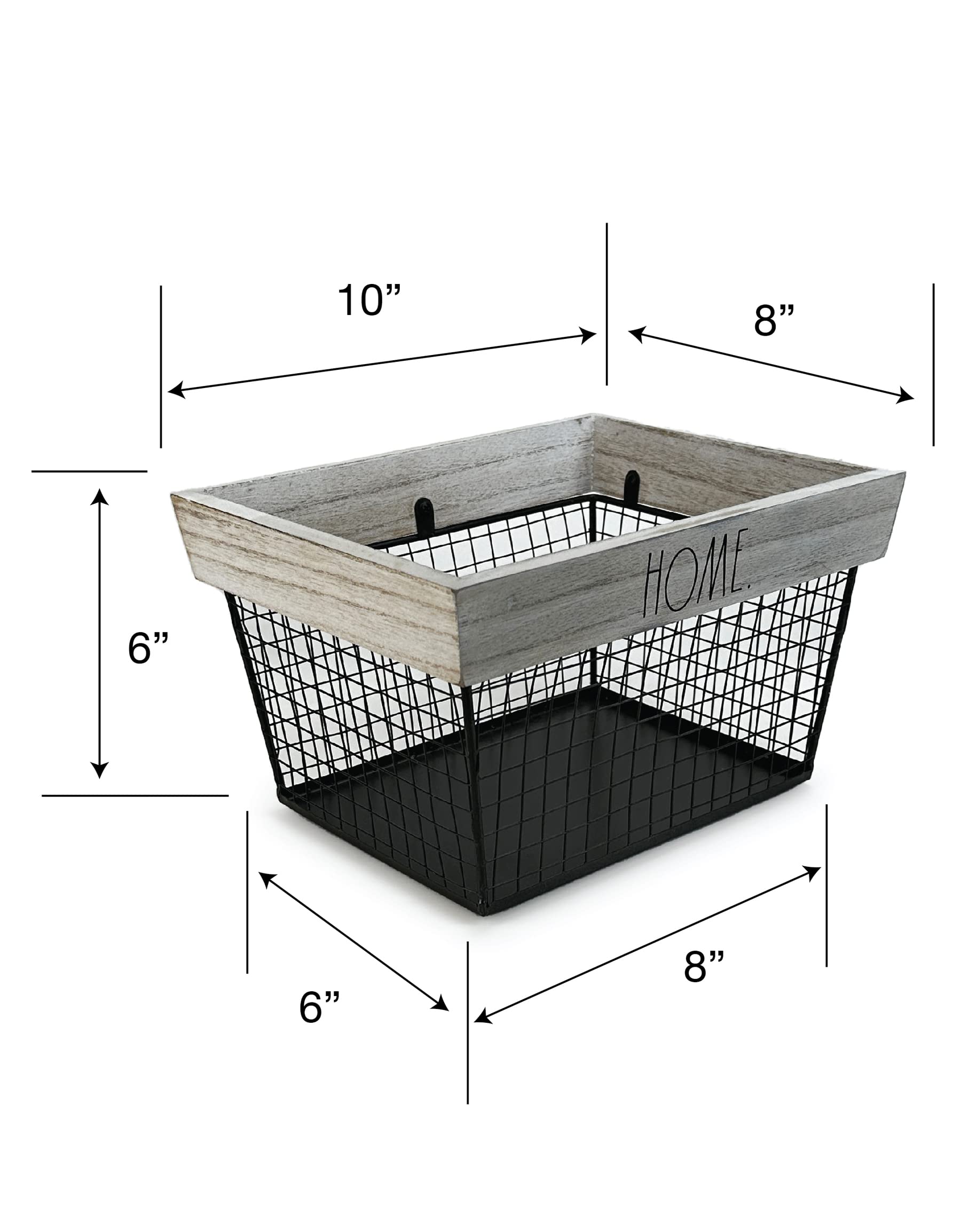 Rae Dunn Home Wire Storage Basket β Metal and Solid Wood Organizer β Black and White Wash Decorative Storage Bin β for Bedroom, Living Room, Closet and More