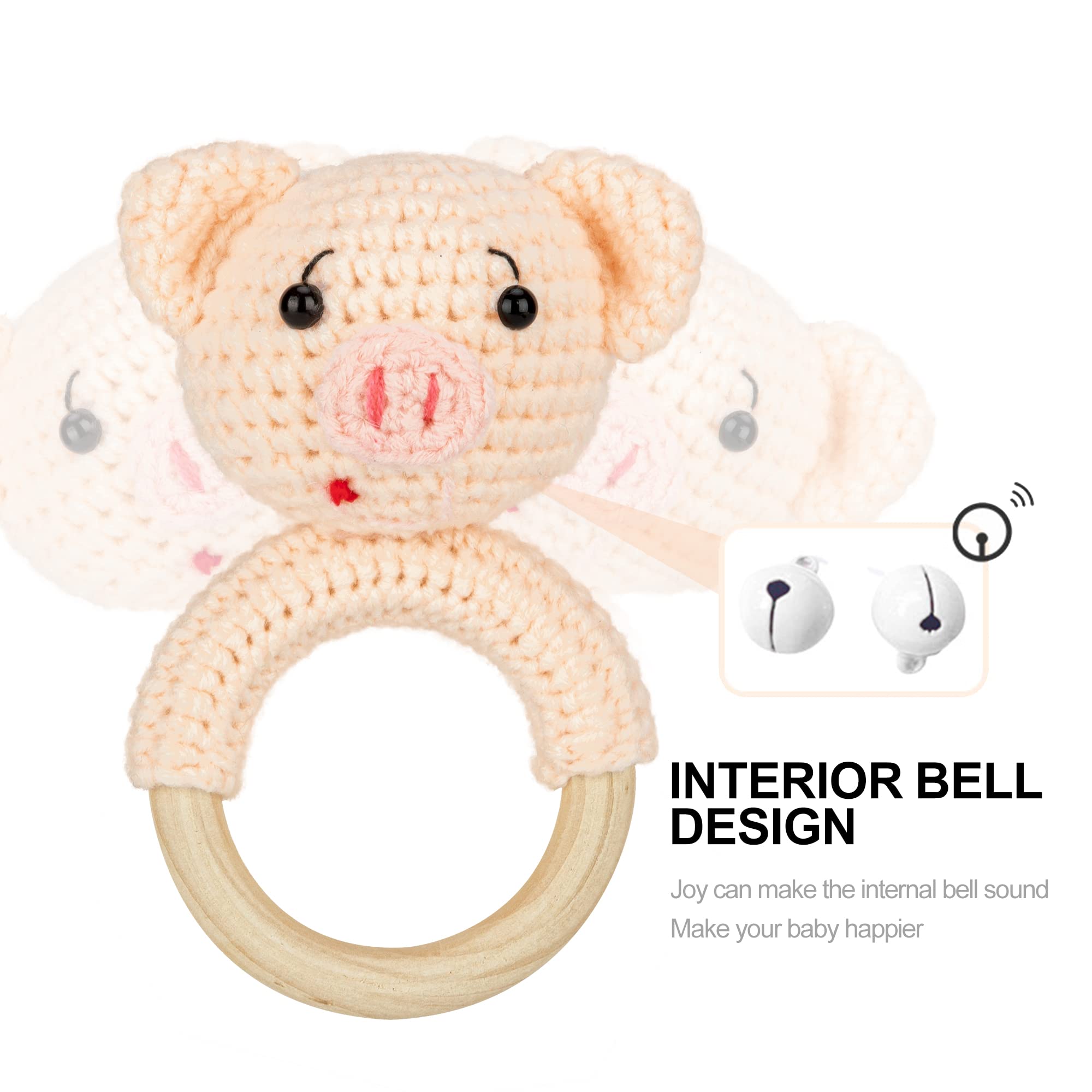 LUJCCHY Animals Wooden Baby Rattle Toys Stuffed Crochet Rattle with Teether Ring for Newborn, Shaker Rattles Natural Infants First Toy Gift