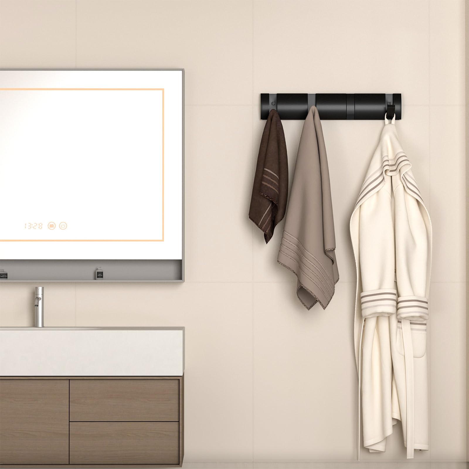 Wisfame Black Wall Coat Rack with 4 Folding Hooks, Modern Heavy Duty Coat Rack Wall Mount for Bathroom, Space Saving Hideaway Wall Hanger for Hanging Towel, Hats, Scarves, Umbrella and Keys