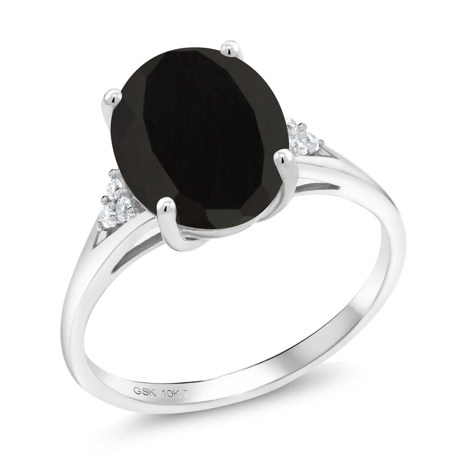 Gem Stone King 10K White Gold Black Onyx and White Diamond Engagement Ring For Women (3.07 Cttw Oval 11X9MM, Available in size 5, 6, 7, 8, 9)