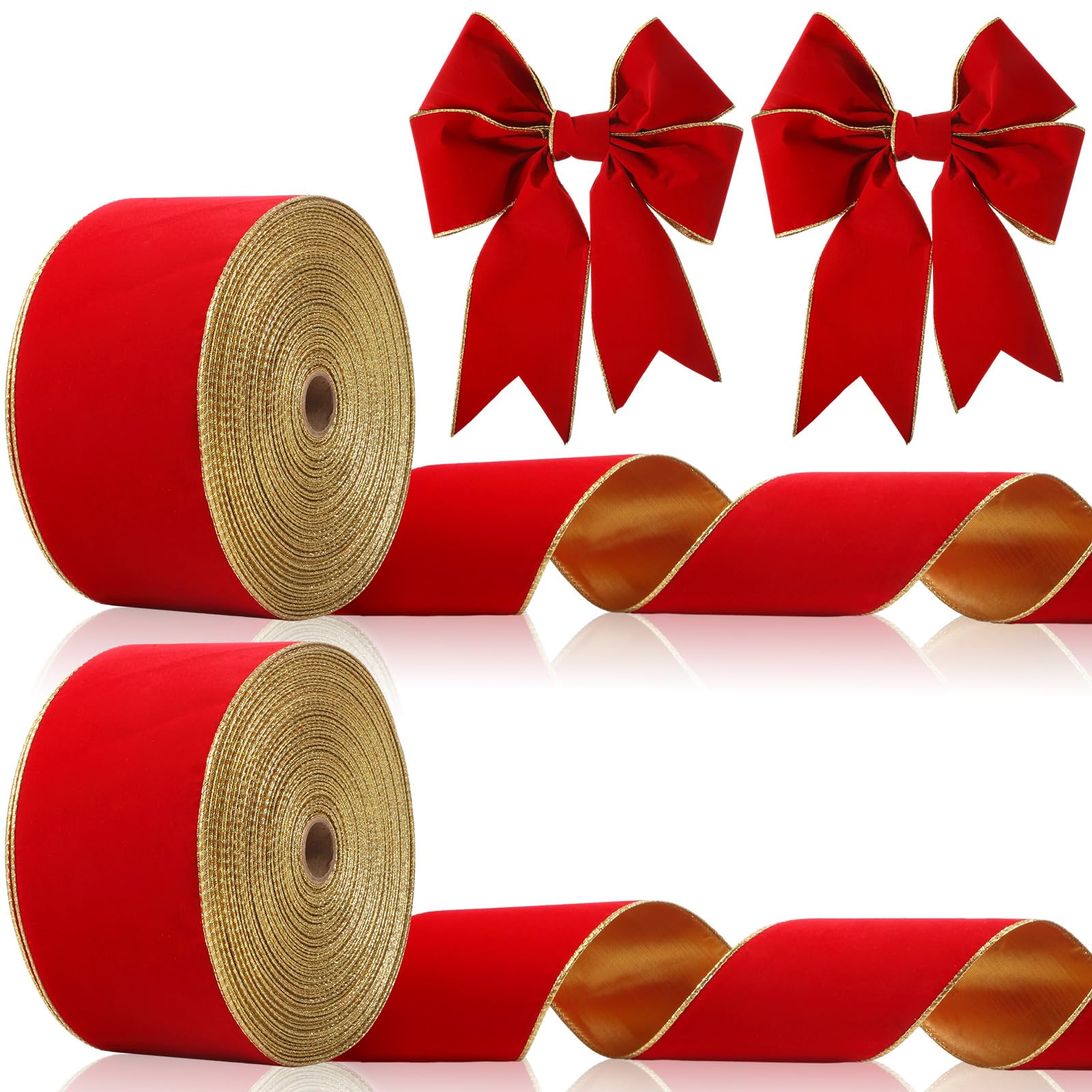 Giegxin 2 Rolls 100 Yard Christmas Velvet Ribbon Wired Gold Edge Ribbon Xmas Gift Wrapping Ribbon for Christmas Crafts Arrangement Decoration(Red and Gold, 4 Inch x 50 Yard)