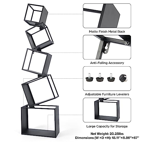 Weltallina Bookshelf, 5-Tier Bookcase Black, 67" Tall Black Bookshelf, Industrial Bookshelf, Modern Book Storage, Storage Shelves for CDs/Books/Home Decor, Display Shelf