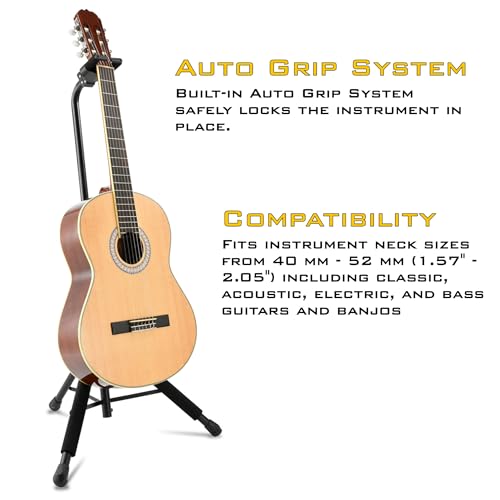 Lumintrail Hercules GS414B PLUS Single Guitar Stand, Auto Grip System, Instant Height Adjustment Clutch, Fits Guitar Neck Sizes 1.57β - 2.05β, with Hercules GSB001 Carrying Bag with a Cleaning Cloth
