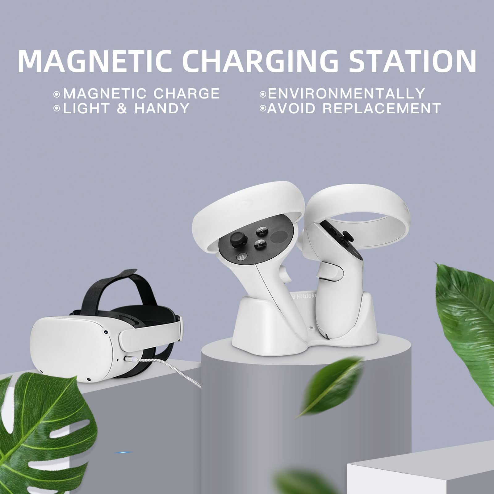 HiBloks Charging Dock for Oculus Quest 2, Magnetic Controller & Headest Display Charger, High Speed, Controller Mount Station with 2 Rechergeable Batteries, Battery Cover and USB-C Charger Cable