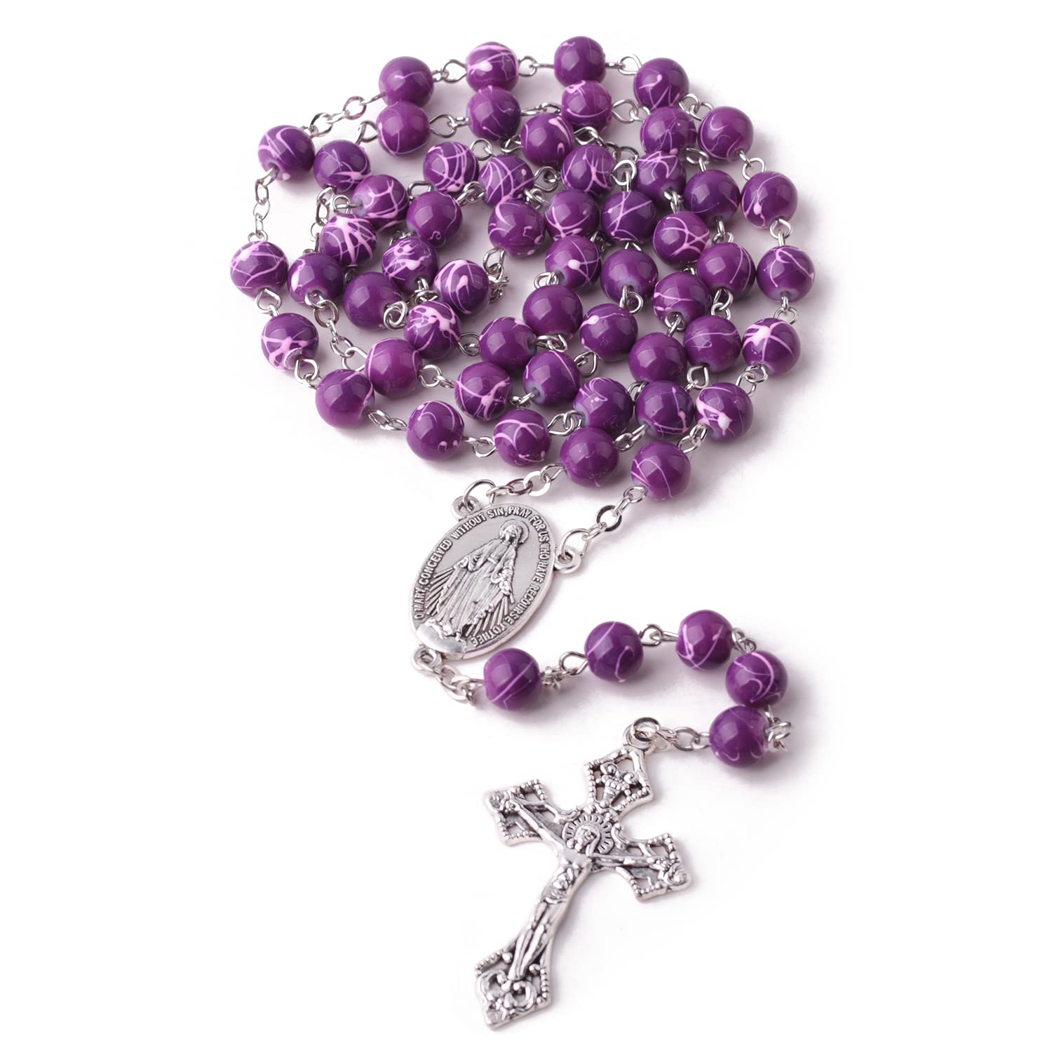 Luomu 8mm Glass Beads with Beautiful Pattern Printed Catholic Chain Rosary Necklace with Virgin Mary Miraculous Medal and Crucifix (Green)