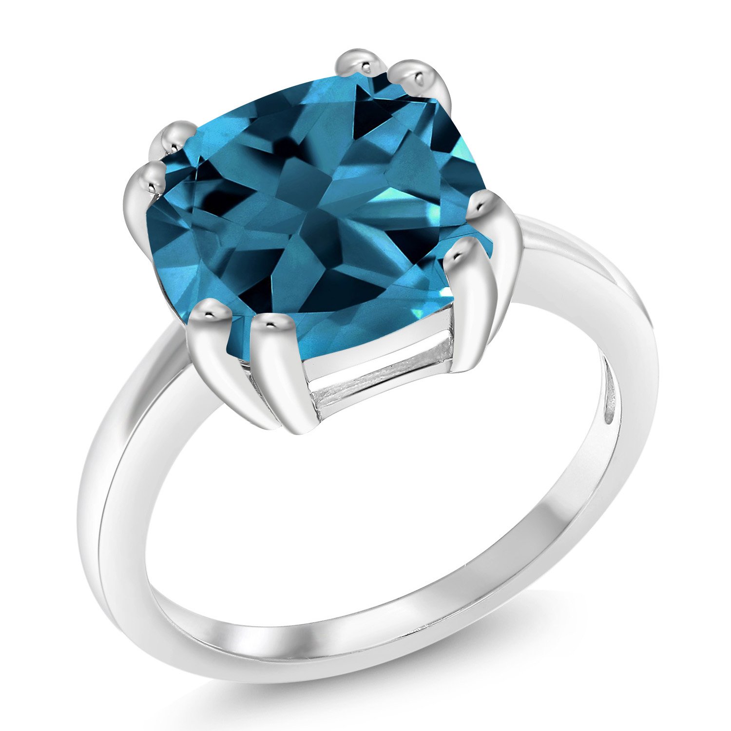 Gem Stone King 4.35 Cttw London Blue Topaz Engagement Double Prong Ring For Women In 925 Sterling Silver | 10MM Cushion Cut | Gemstone Birthstone | Available In Size 5, 6, 7, 8, 9