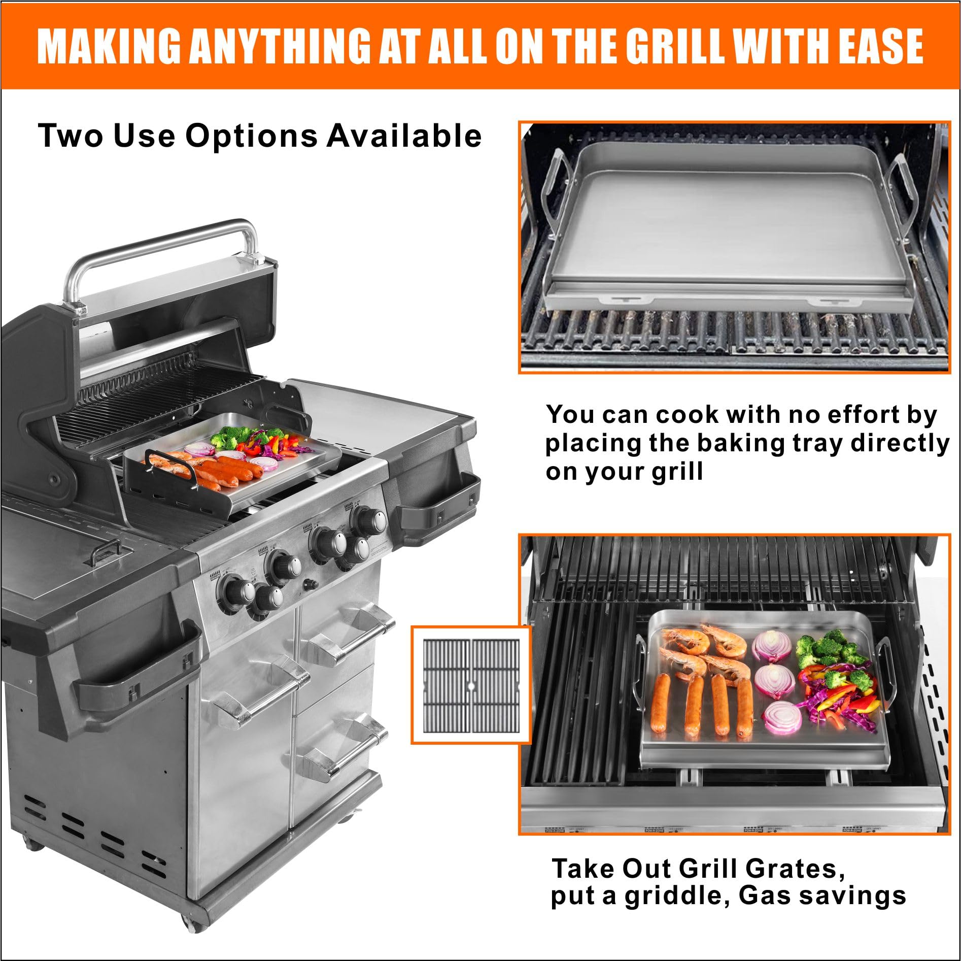 Griddle For Gas Grill,Flat Top Grill With Removable Grease Tray,24 * 16in Stainless Steel Nonstick Griddle Grill,Universal Griddle With Retractable Stand Accommodates Different Size Of Grill